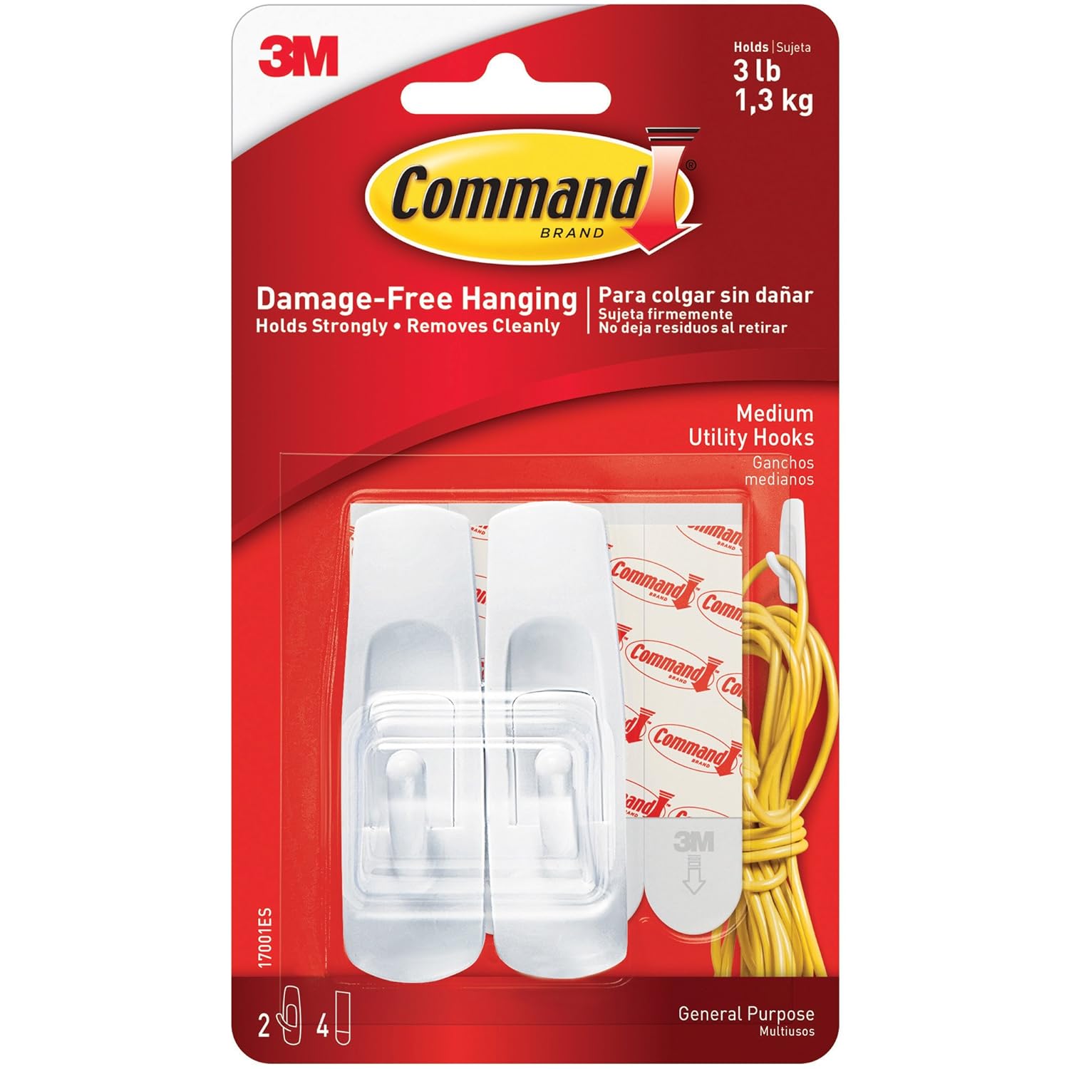 3M 17001 Command, Medium, White, 2 Hooks and 4 Strips, 6/Packs per Case, 3M Stock# 7100113039 ...
