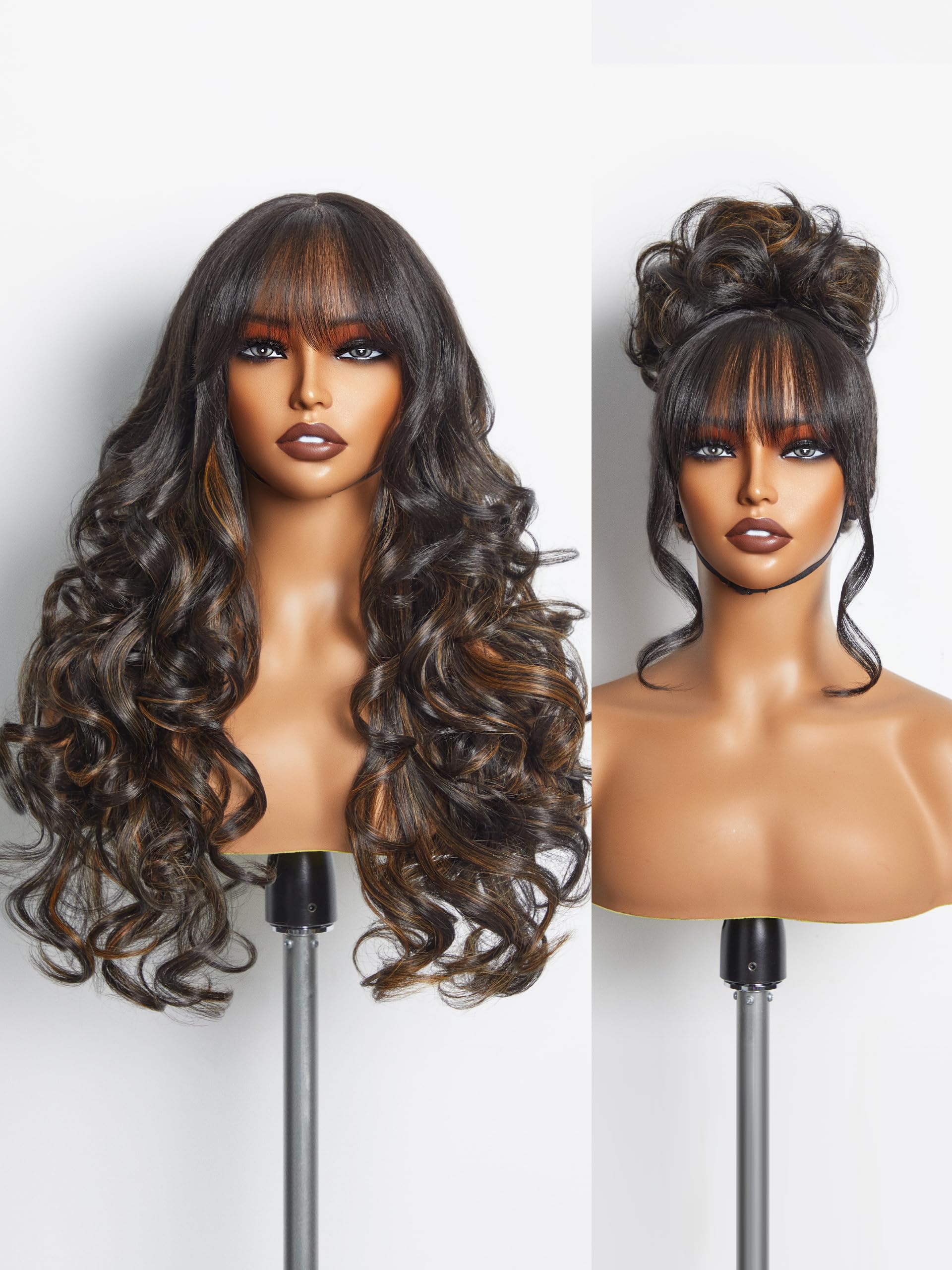 GORGIUS Highlight Wigs with Bang Body Wave Wig Long Natural Highlights ...