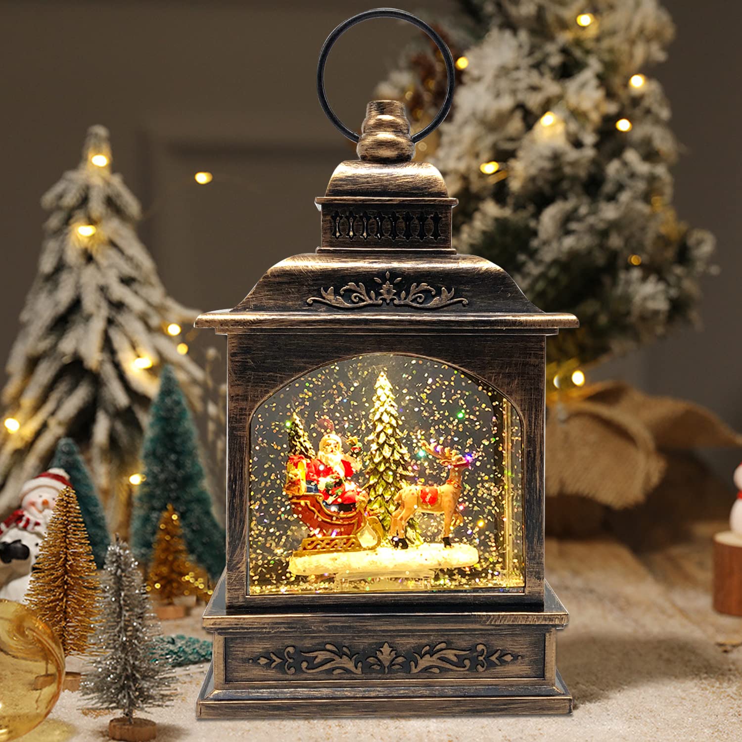 Christmas Snow Globe Lantern Musical Lighted with Timer,Spinning Santa ...