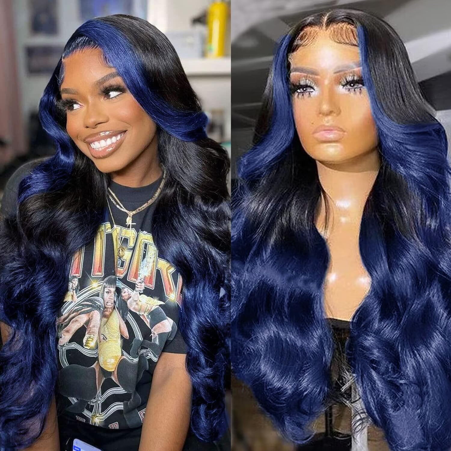 Dark Blue Stripe Body Wavy Lace Front Wigs Human Hair 30 Inch 1B/Blue ...