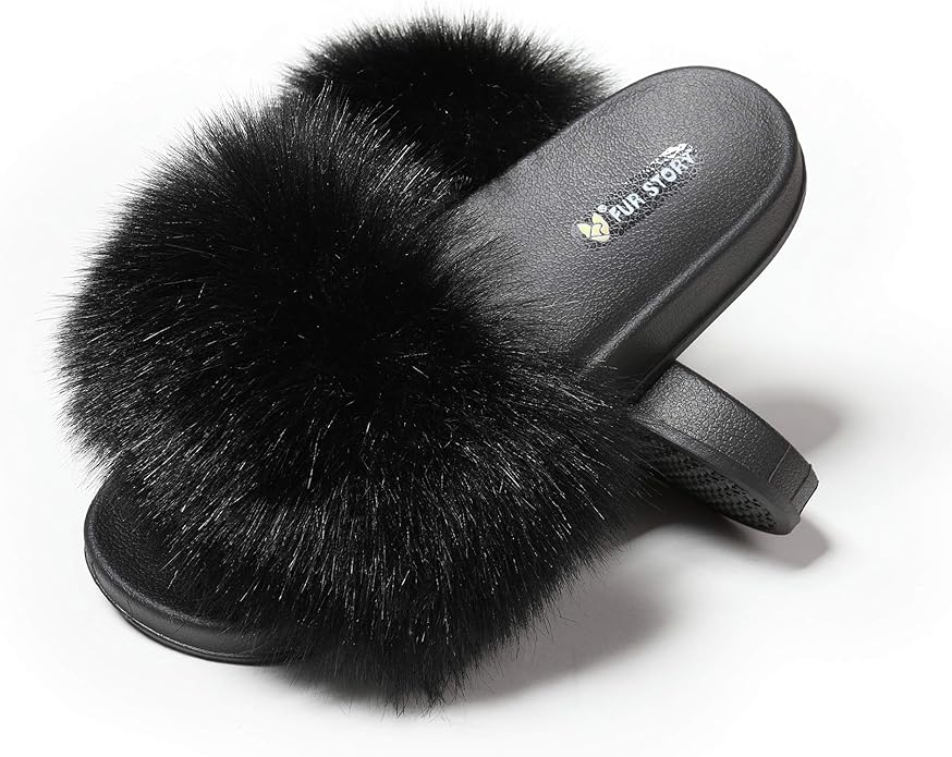 Women's Furry Slides Faux Fur Slides Fuzzy Slippers Fluffy Sandals ...