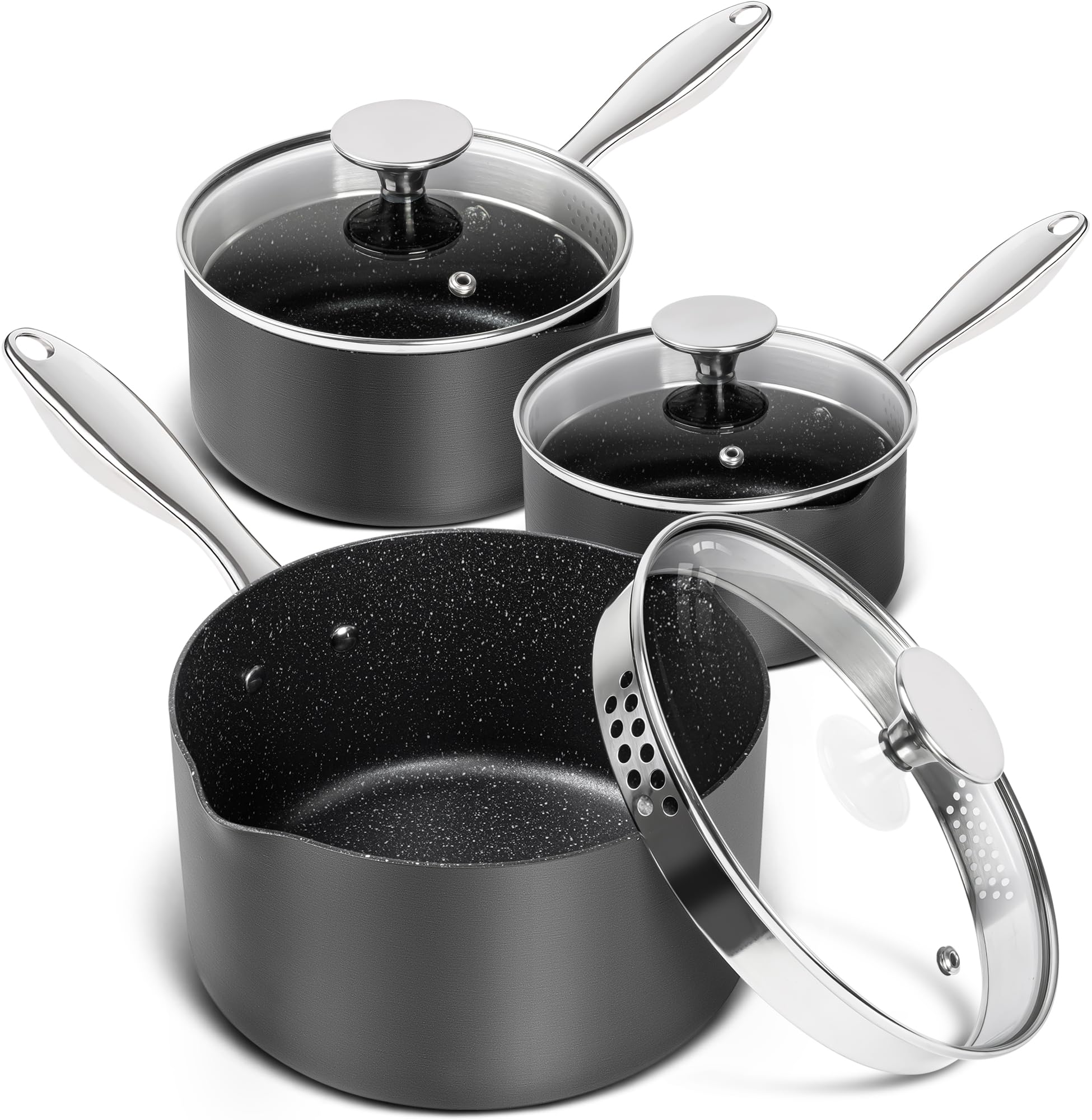 MICHELANGELO Hard Anodized Saucepan Set with Lids, Nonstick Saucepan ...