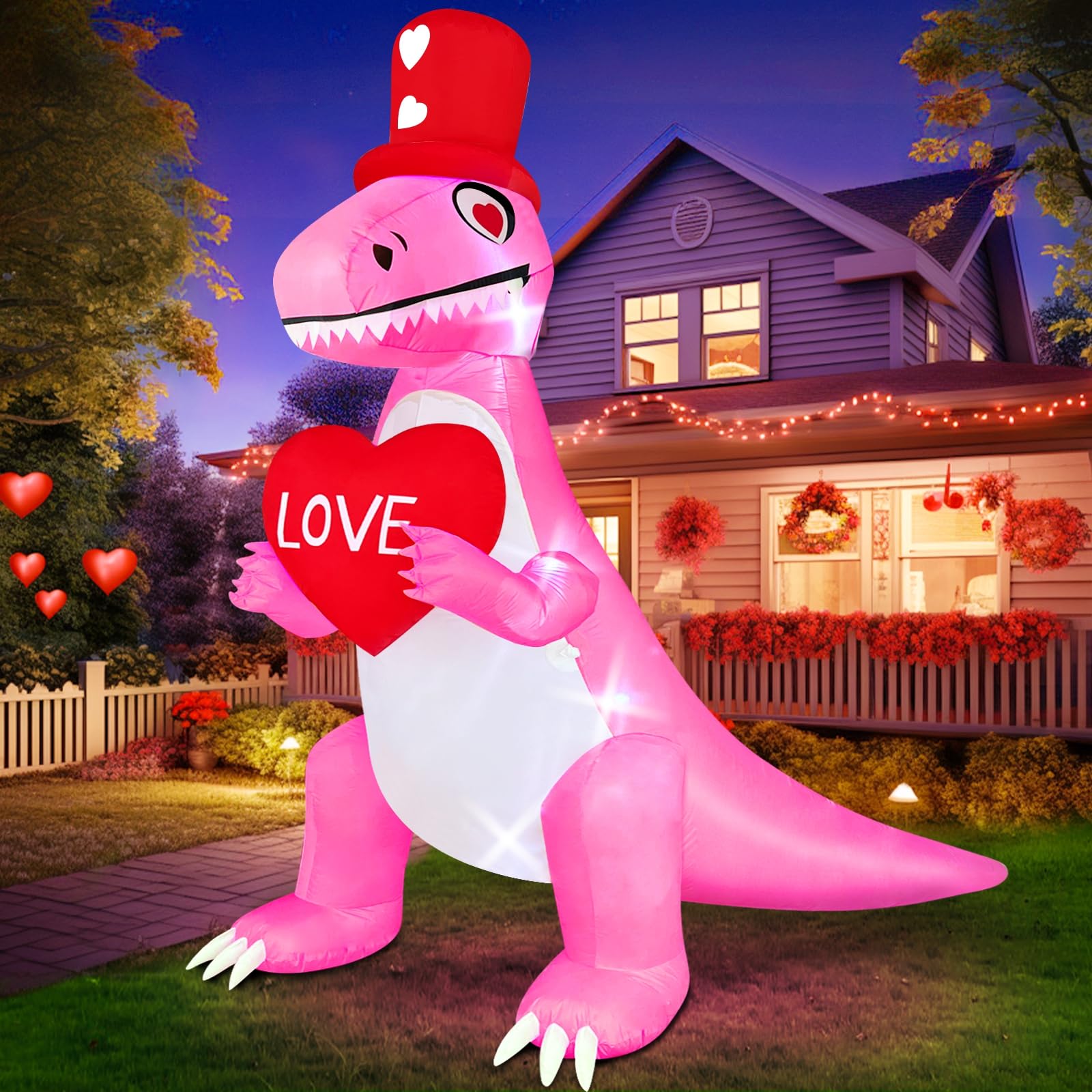 TURNMEON 8 Ft Long 6 Ft Tall Giant Valentine's Day Inflatable Dinosaur ...