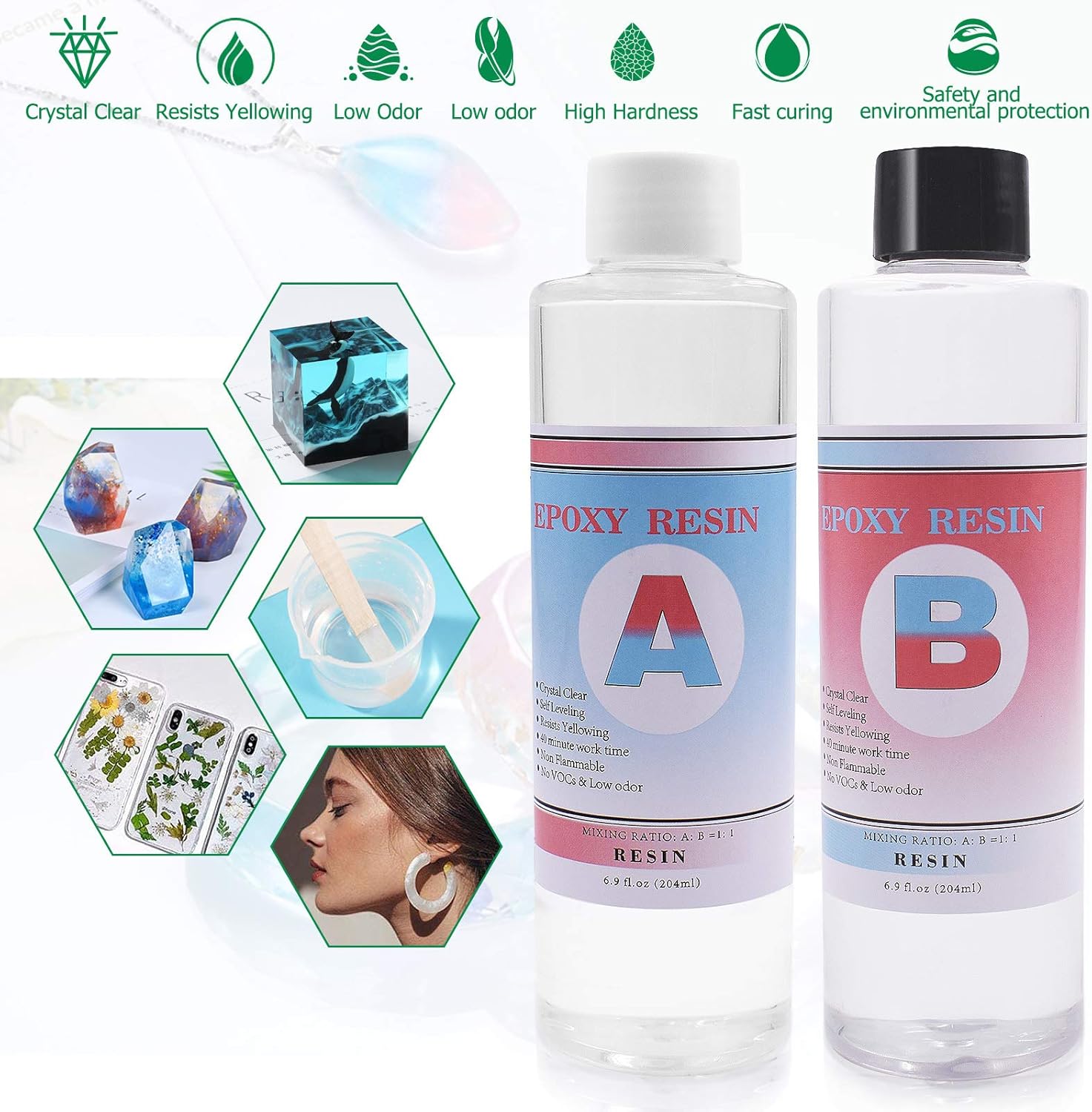 Epoxy Resin Kit – 16oz / 530g Crystal Clear Coating Hardener Kit with 1:1 Ratio Resin Coating ...