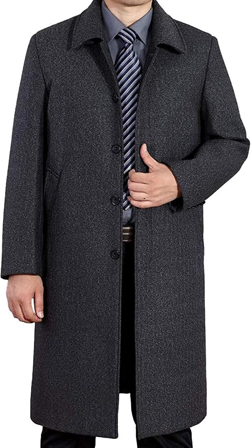 HAOHAOWU Men's Long Jacket Winter Big & Tall Wool Lapel Single-Breasted ...