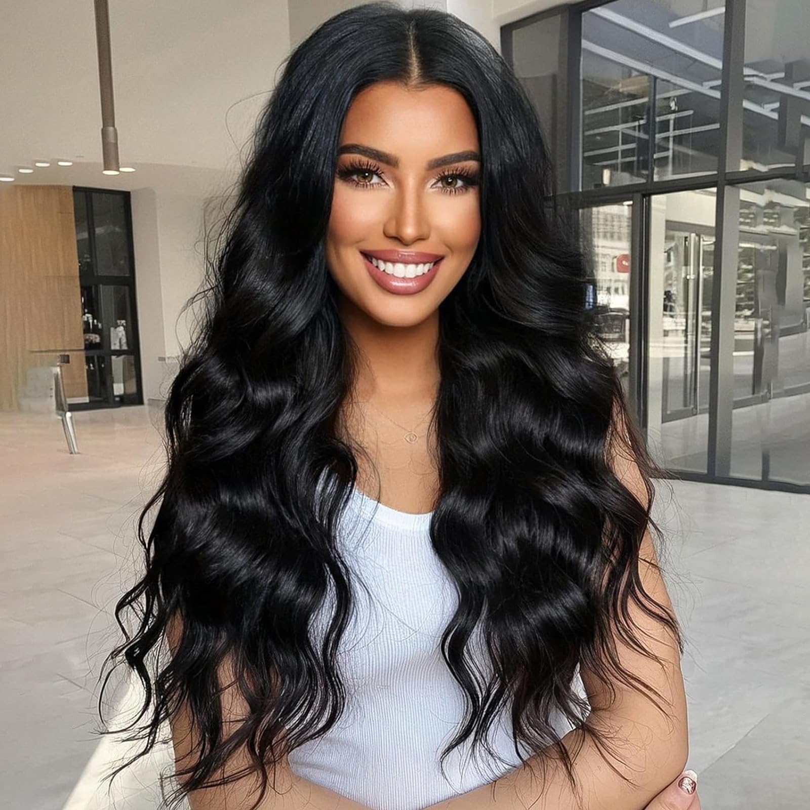 XIXIBI Long Black Wigs for Women, Black Curly Wavy Wig, 26 Inch Natural ...