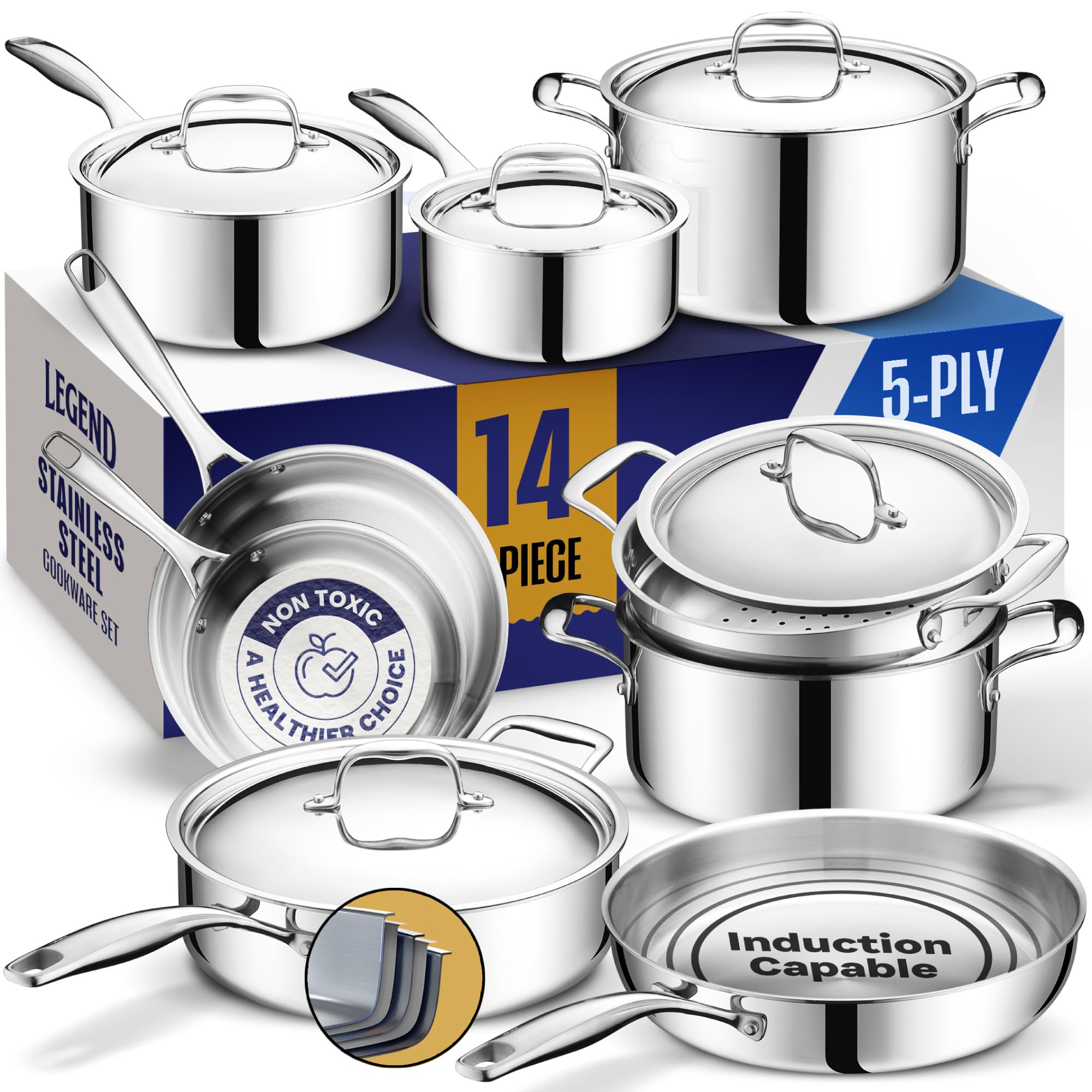 LEGEND COOKWARE Stainless Steel Cookware Set | 5 Ply, 14-Piece ...