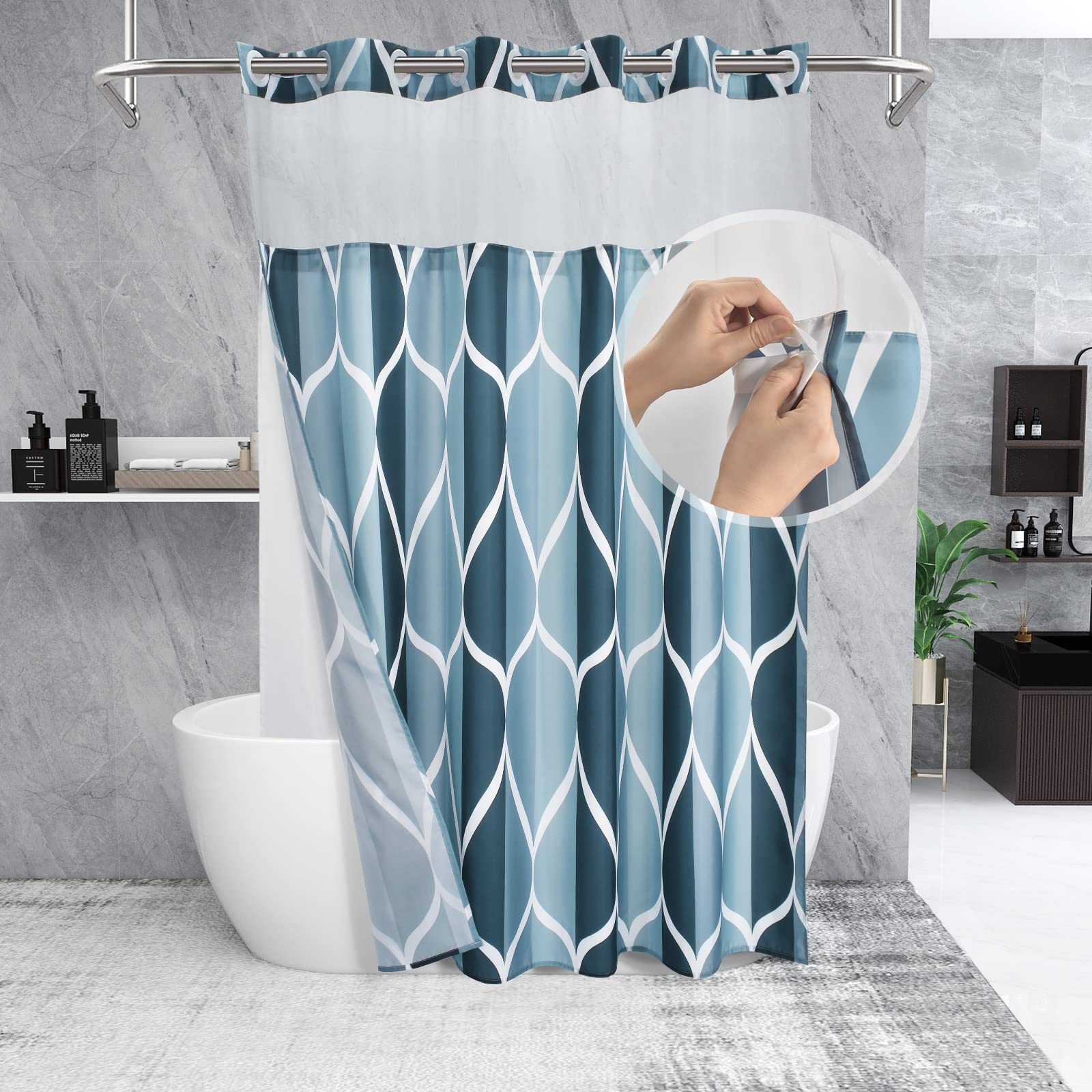 Yiatn No Hook Aegean Blue Shower Curtain with Snap in Fabric Liner Set - Hotel Style with See ...