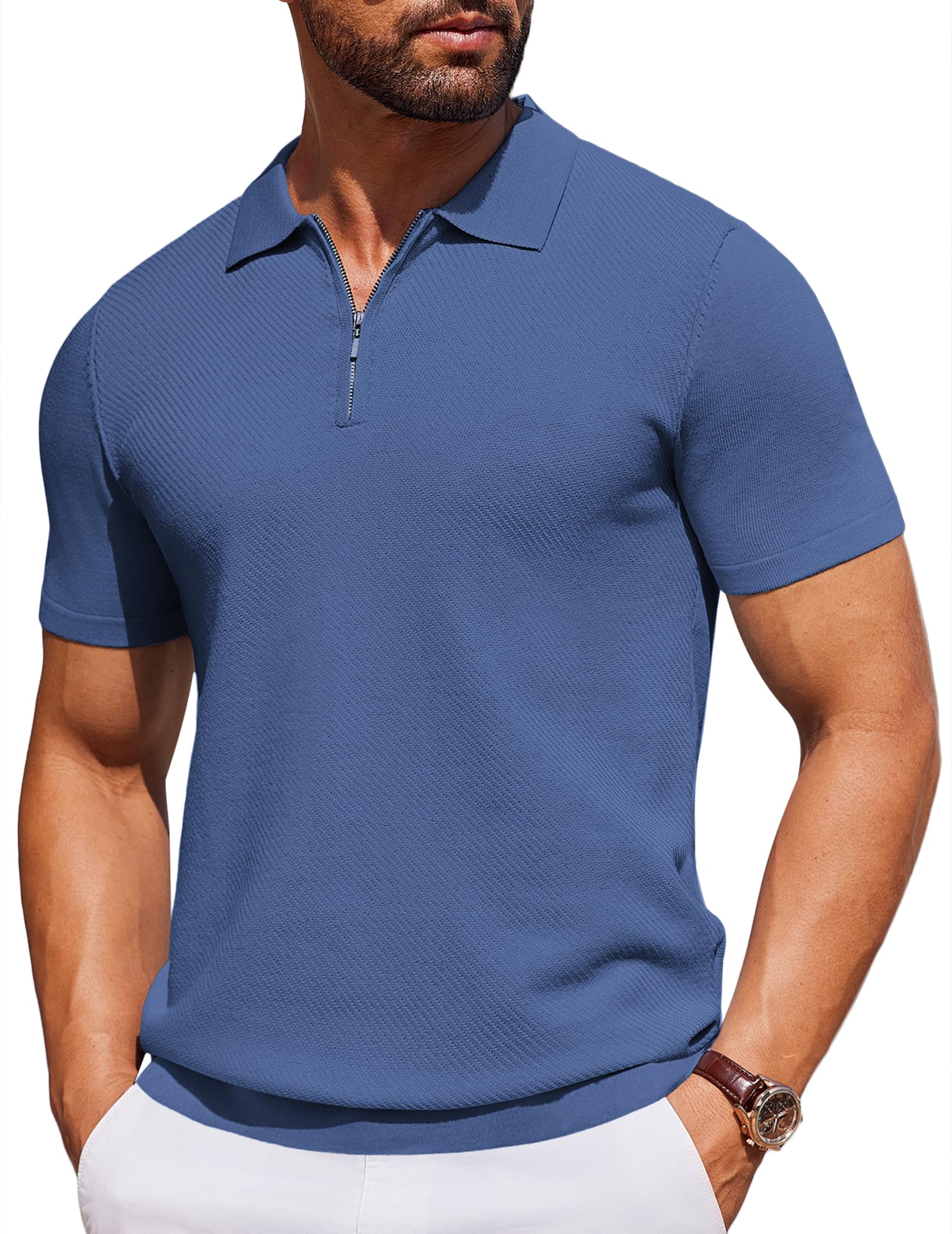 COOFANDY Men's Quarter Zip Knit Polo Shirts Crochet Zipper up Shirt Stylish Vintage Shirts Denim ...