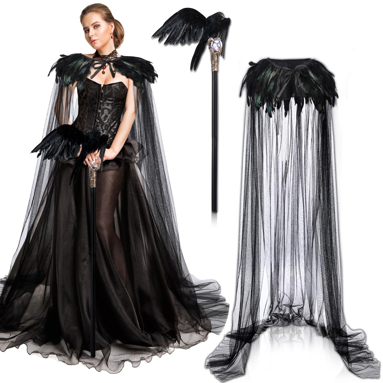 Toulite 3 Pcs Women Halloween Evil Black Style Queen Costume Witch Crow ...