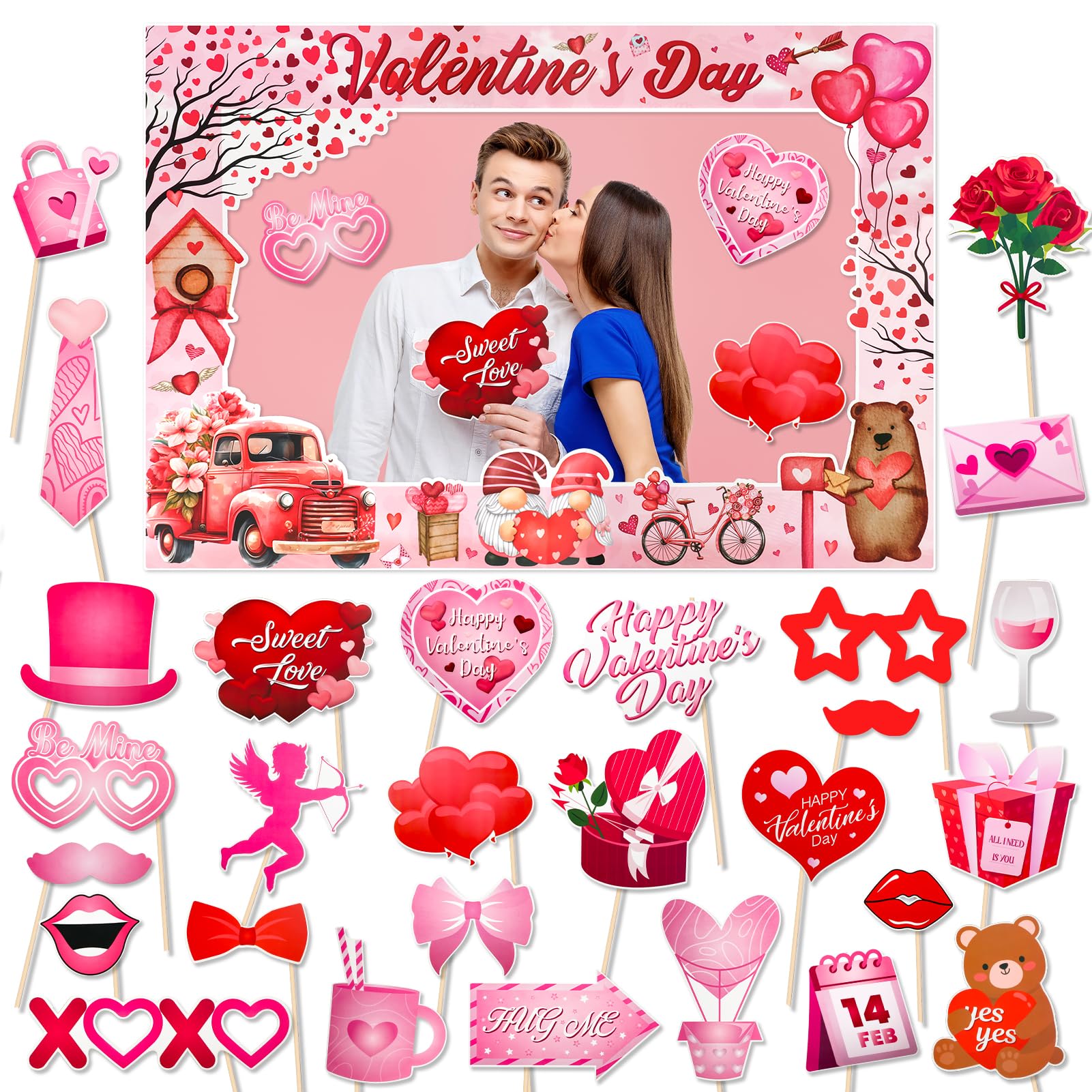 HOWAF Happy Valentine's Day Photo Booth Props with Photo Frame, Red and ...