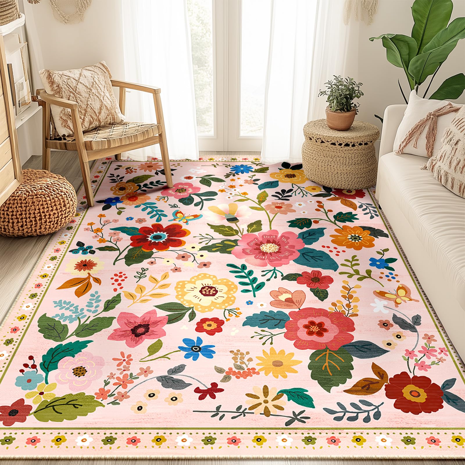 RELEANY Floral 5x7 Area Rug Machine Washable Boho Carpet Non Slip ...
