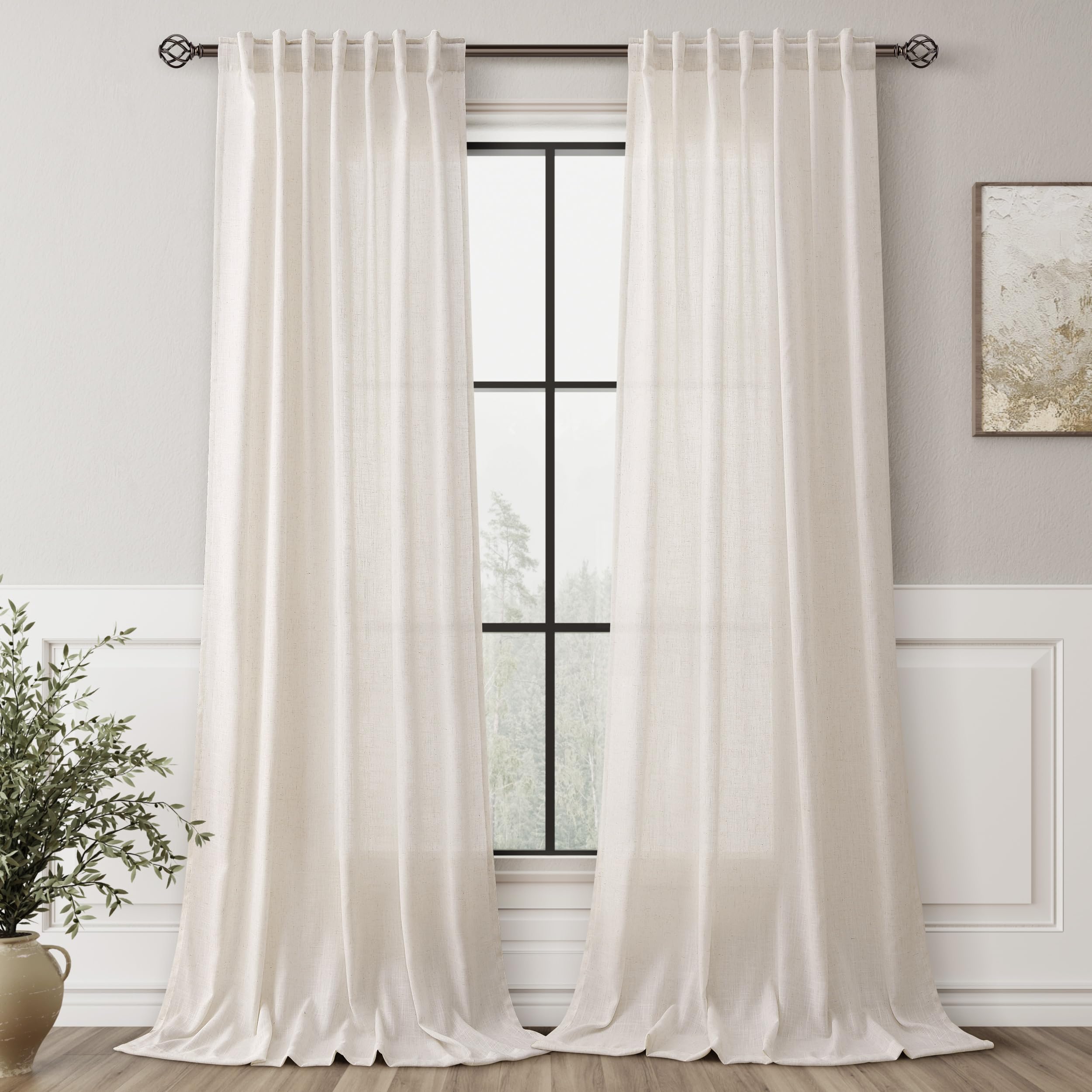 Sand Beige Linen Curtains 90 Inch Long 2 Panels Set for Living Room ...