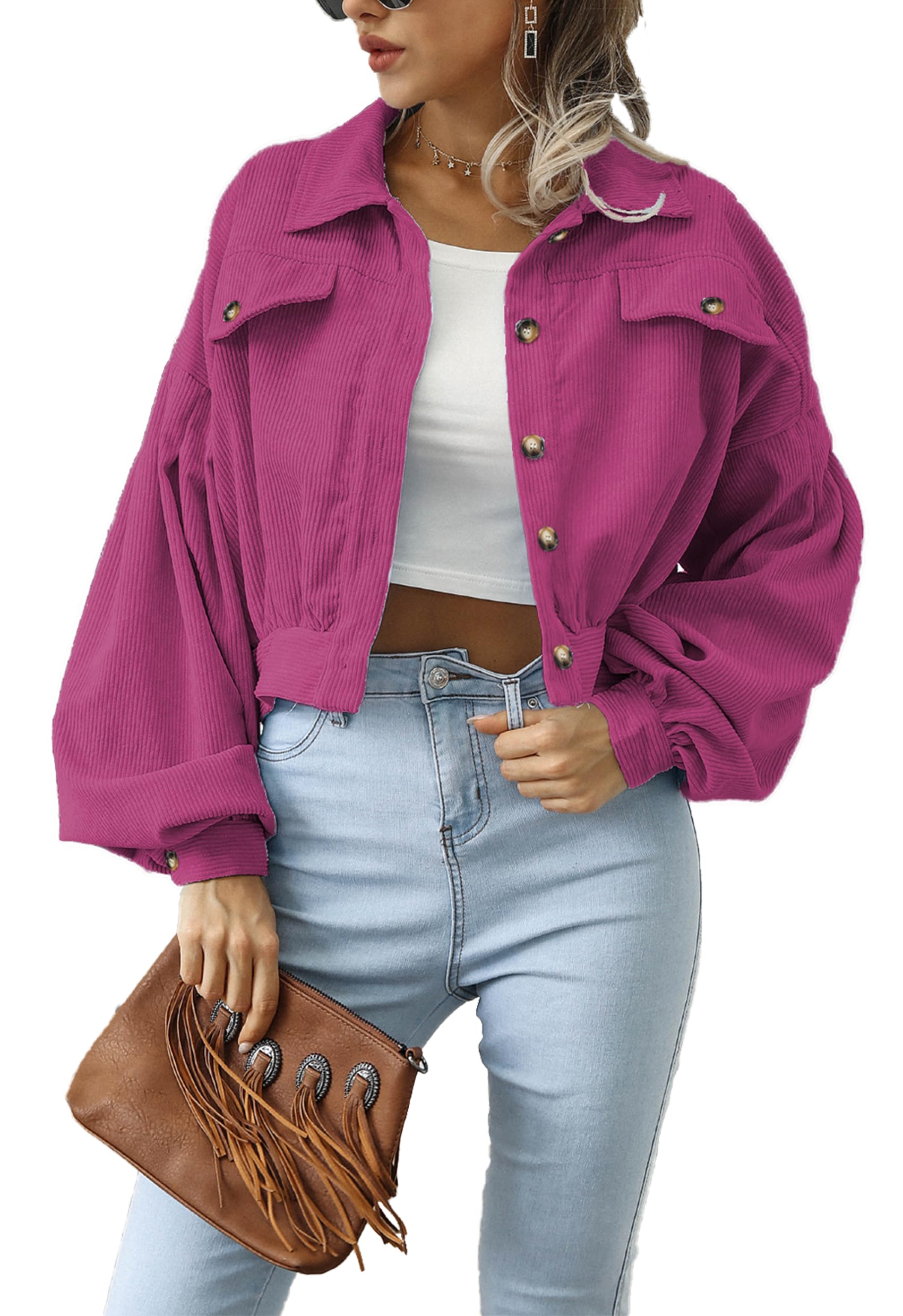 Bbkkuck Womens Long Sleeved Corduroy Fall Shackets Button Down ...