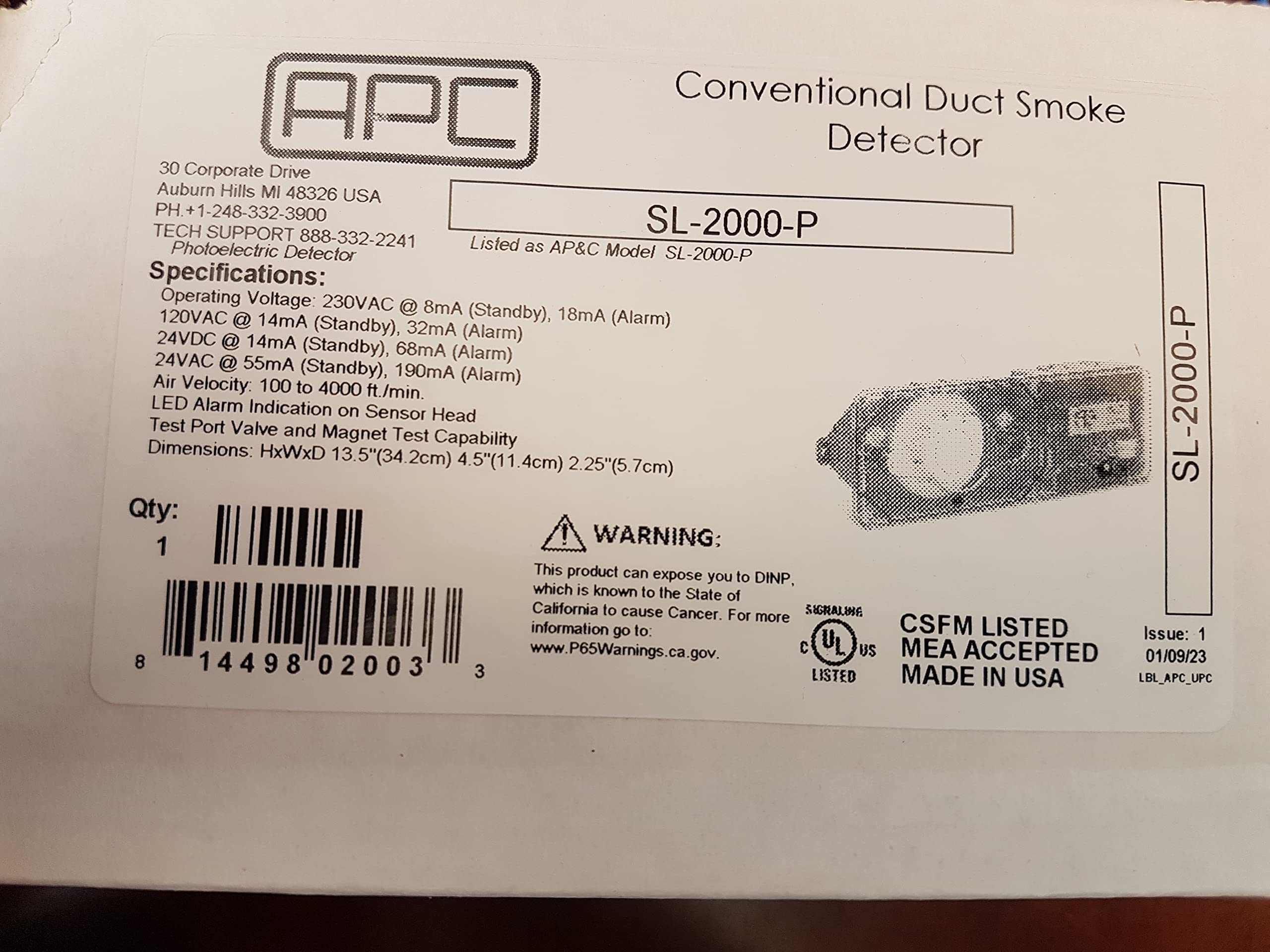 Mua Air Products and Controls SL-2000-P Photoelectric Duct Smoke Detector, 4-Wire, Universal ...