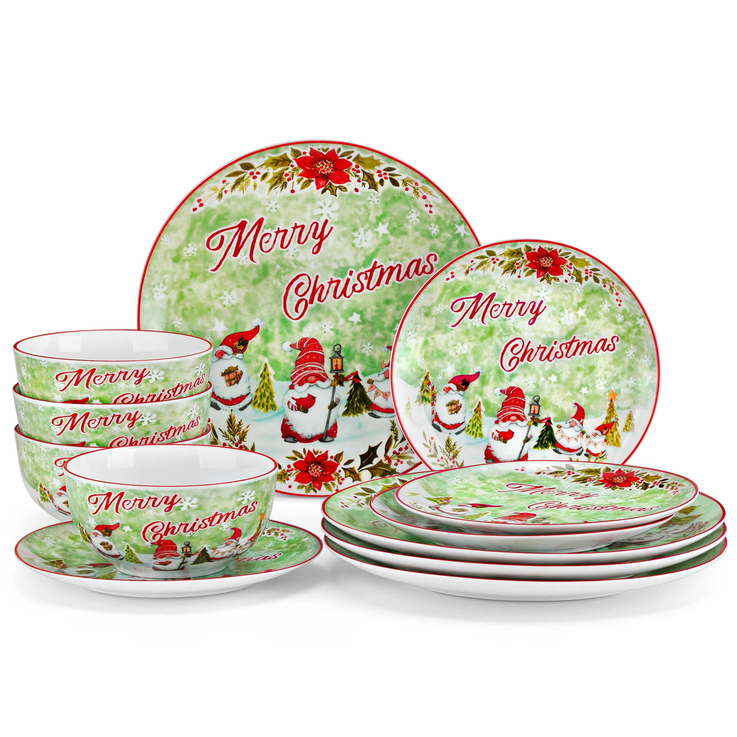 VEWEET Porcelain Dinnerware Set for 4, 12 PCS Christmas Plates and ...