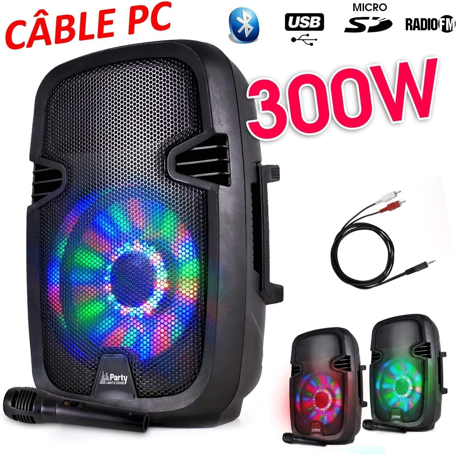 Enceinte mobile batterie 8"/20cm à LEDs RVB - 300W - USB/BT/FM + Micro ...