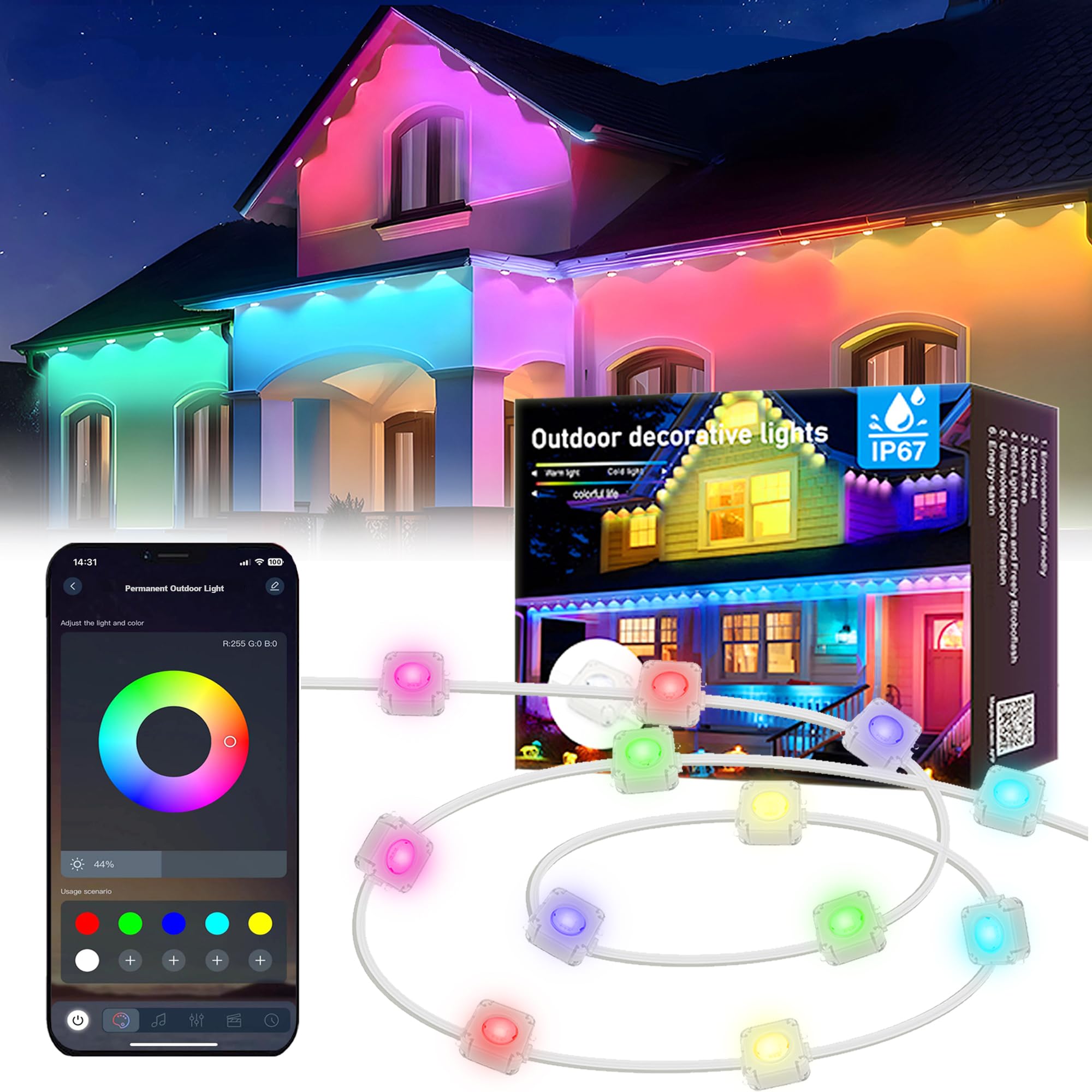 Permanent Outdoor Lights, 50ft Smart RGB LED Eaves Lights with APP ...