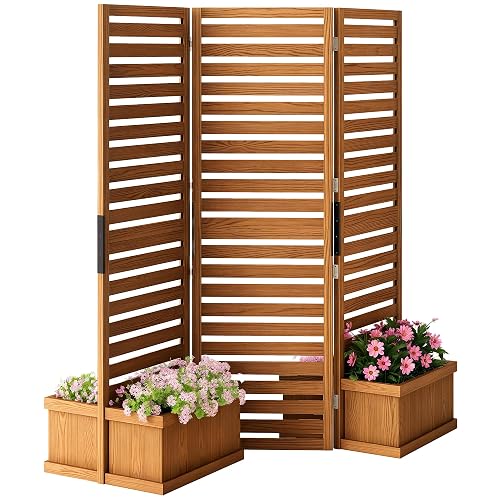 Outsunny Freestanding Outdoor Privacy Screen, 4 Self-Draining Planters ...