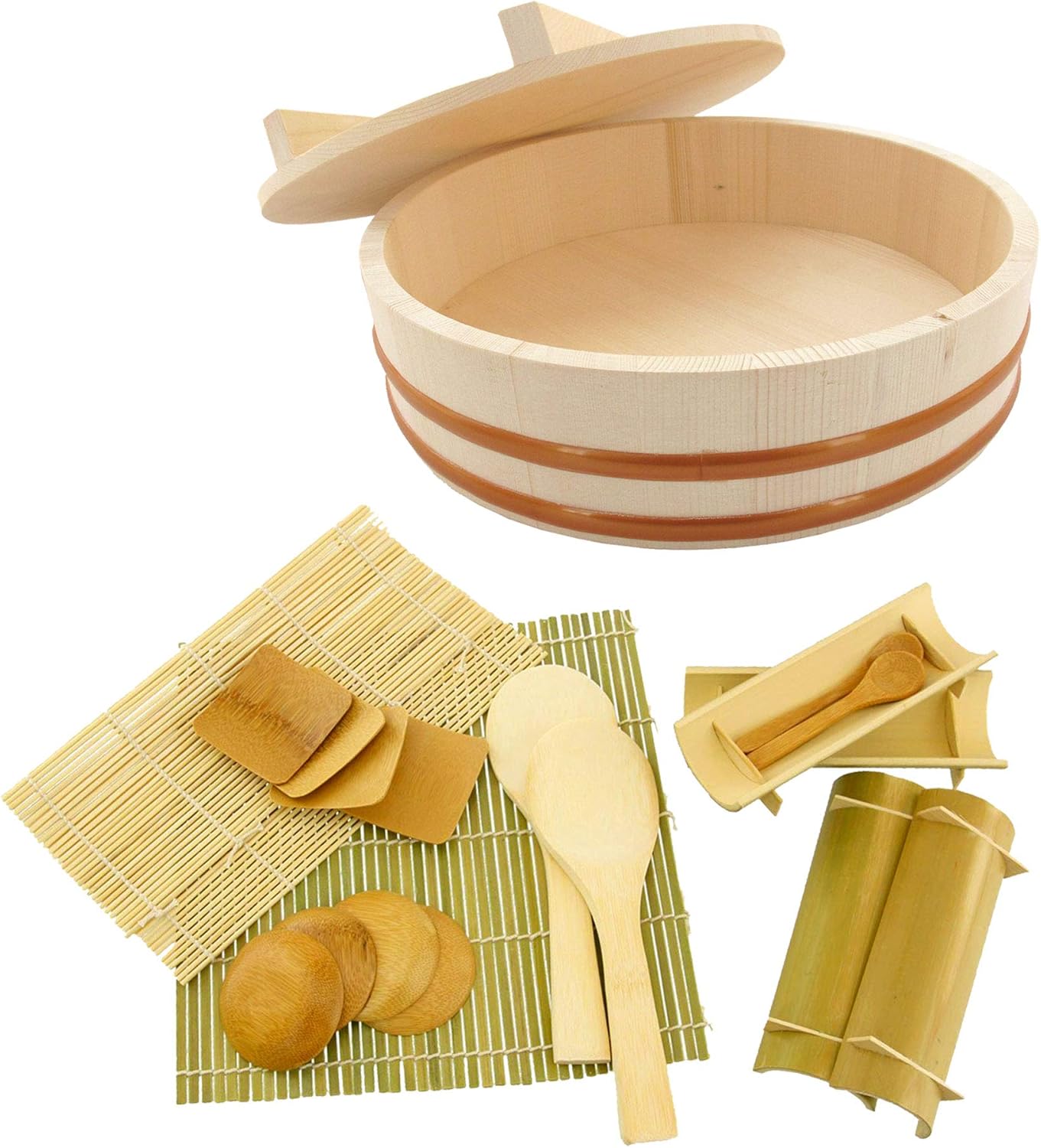 BambooMN 10.6" Hangiri Sushi Oke Rice Mixing Tub with Lid, 19 Pieces ...