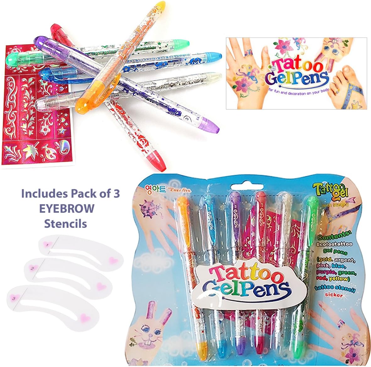 6 TEMPORARY TATTOO Gel Pens -Semi Pemanent, Body Glitter, Skin Tattoo ...