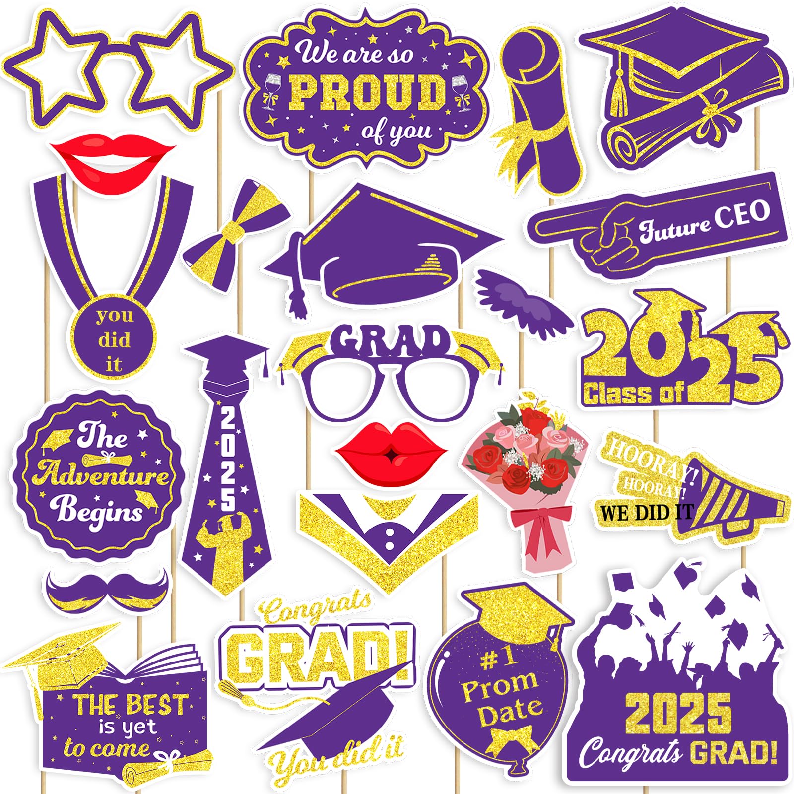 2025 Graduation Photo Booth Props, 23 Pcs Purple Gold Congrats Class of ...