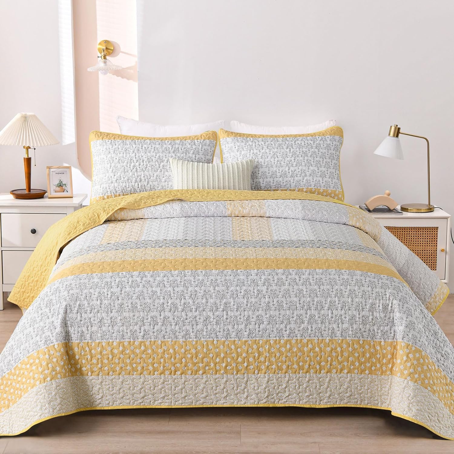 WONGS BEDDING Yellow Quilt Full Size, Bohemian Stripe Quilt Sets 3 ...