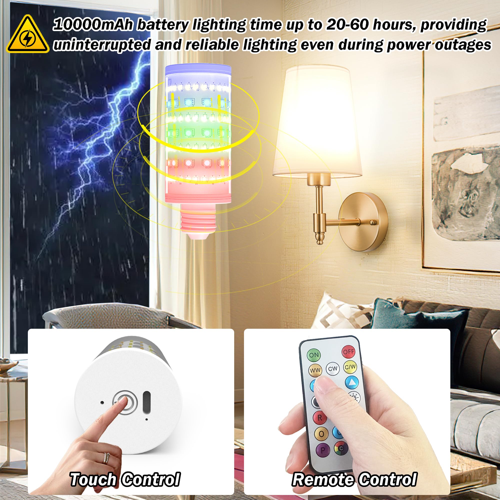 Battery Operated Light Bulb with Remote Control, 2 Pack Rechargeable ...