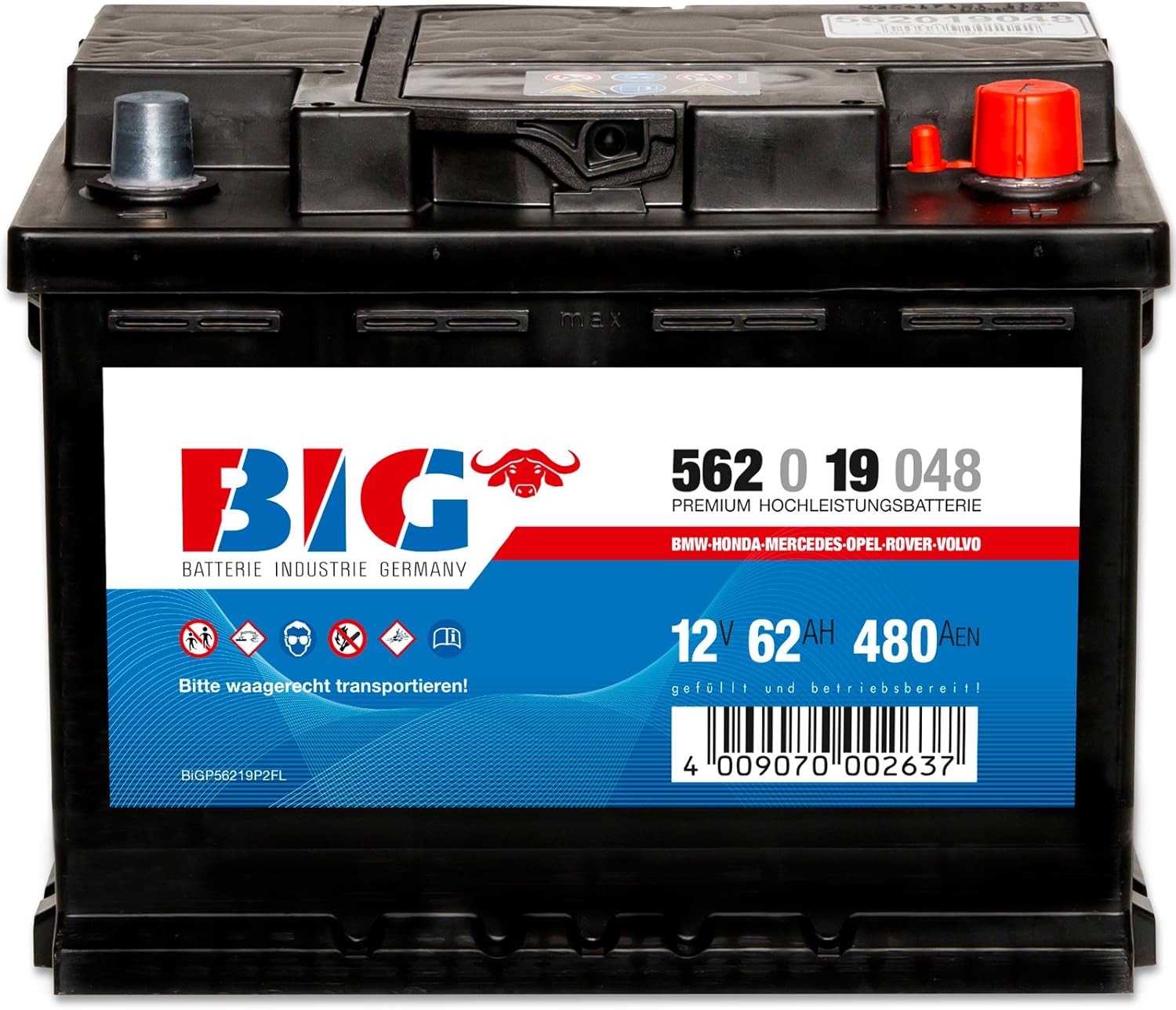 Autobatterie 12V 62Ah BIG Starterbatterie statt 45Ah 55Ah 60Ah 65Ah 66Ah 70Ah: Amazon.de: Auto