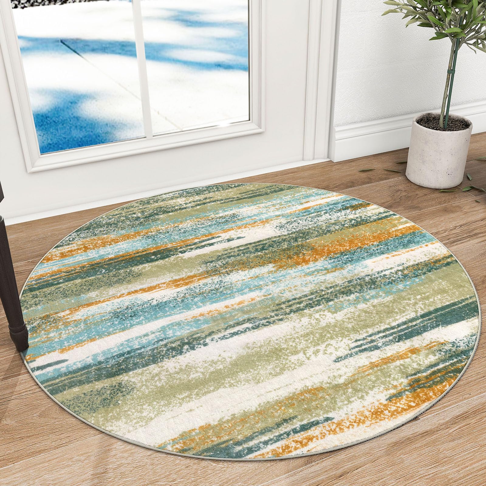 Lansny Modern Abstract Round Rug 3Ft, Green Orange Multi Round Rug ...