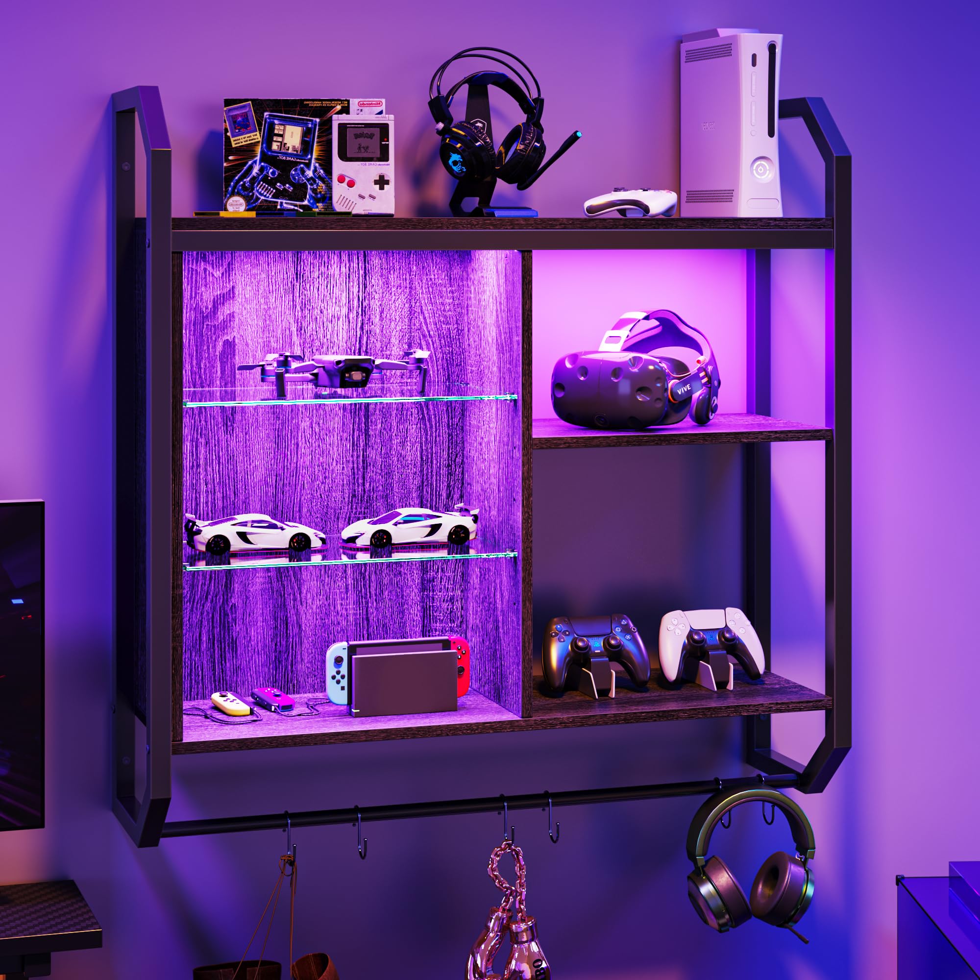 Bestier Gaming Floating Shelves, 34" LED Wall Mounted Shelf with Adjustable Glass Shelf, Pipe ...