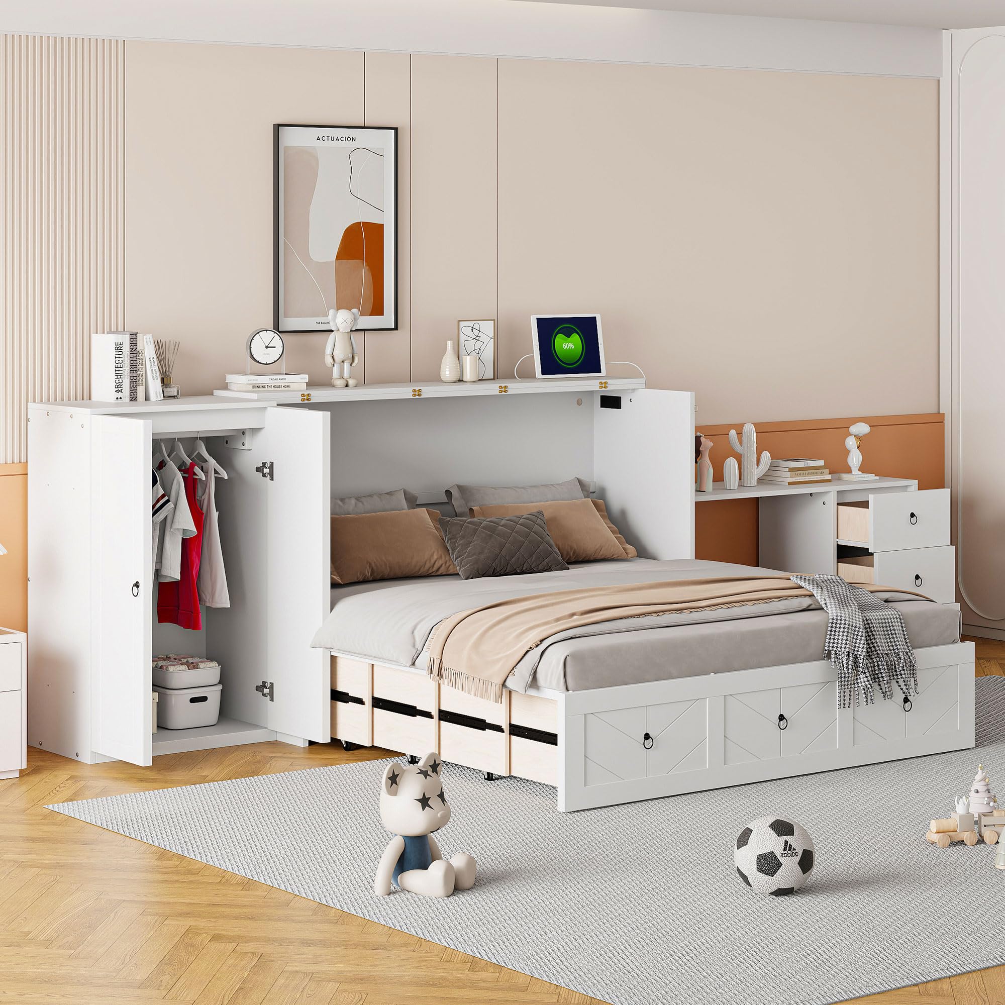 Ball & Cast Murphy Bed Queen Size with USB Port and Large Drawer ...