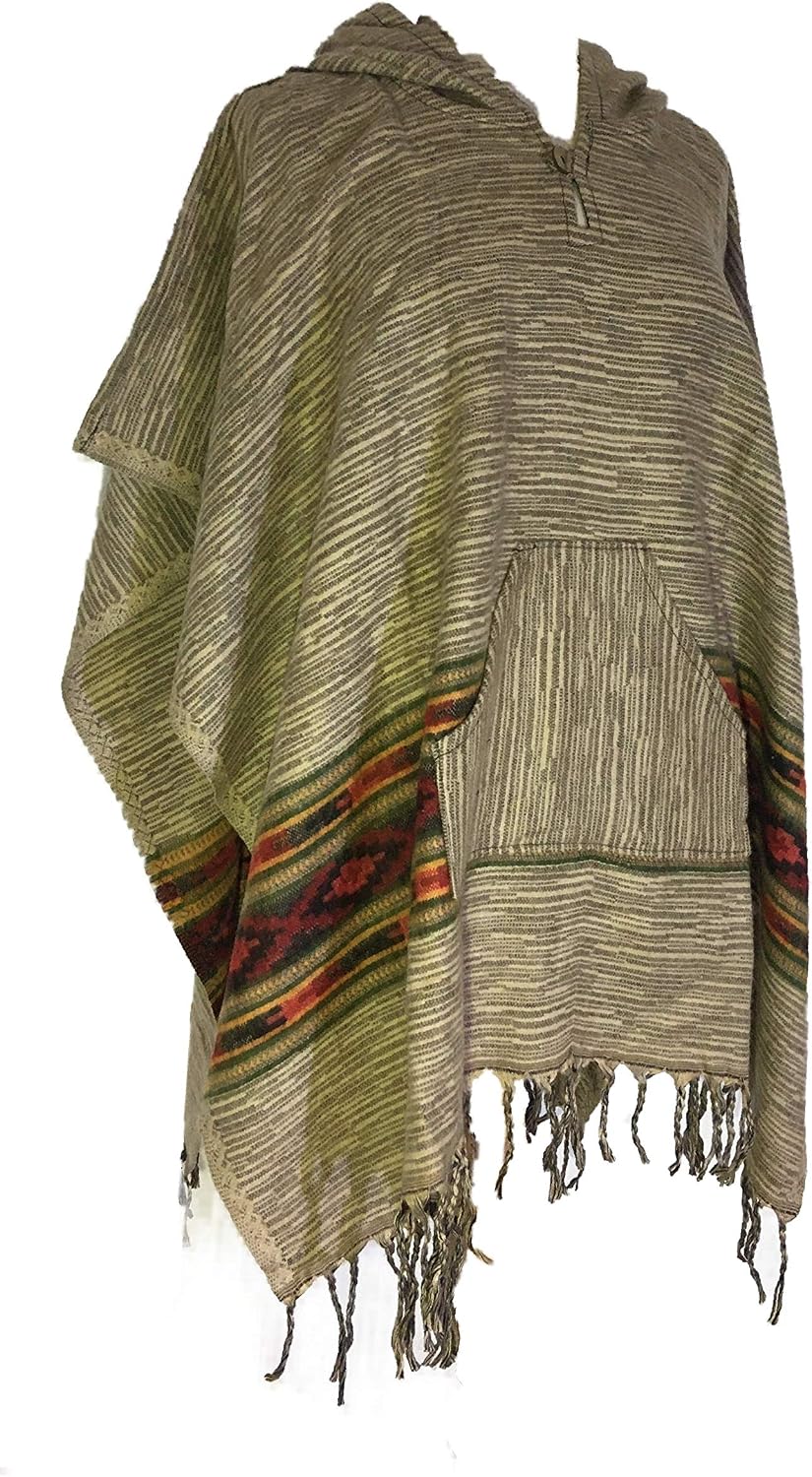 No Eye Deer Vegan Wool Poncho with Aztec Stripe and Hood (Beige ...