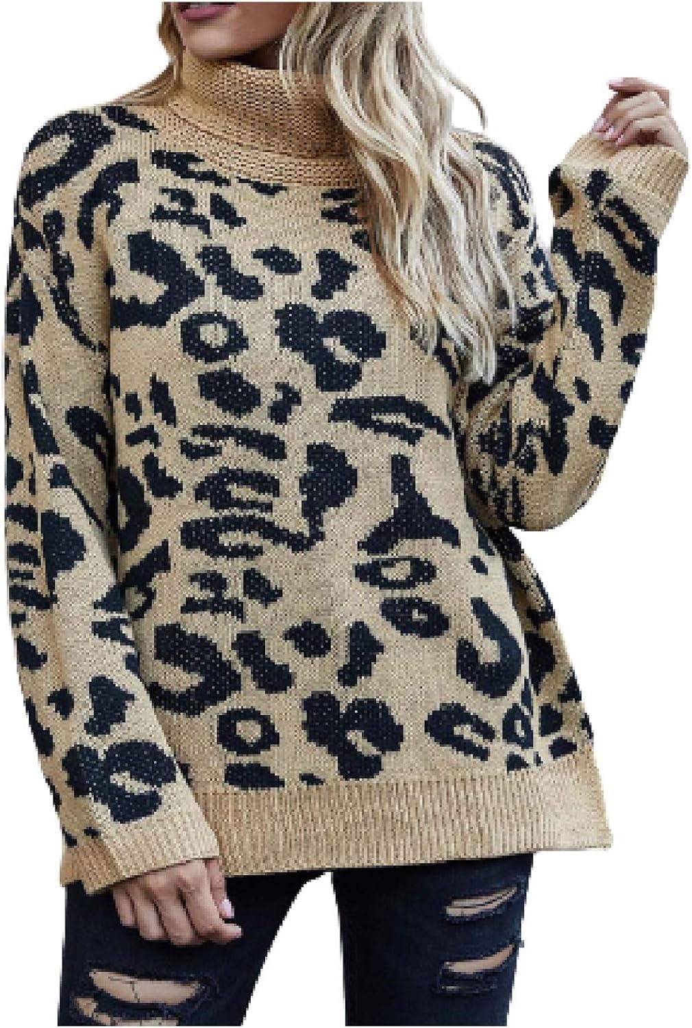 FNKDOR Women Leopard Print Turtleneck Knitted Sweater Long Sleeves ...