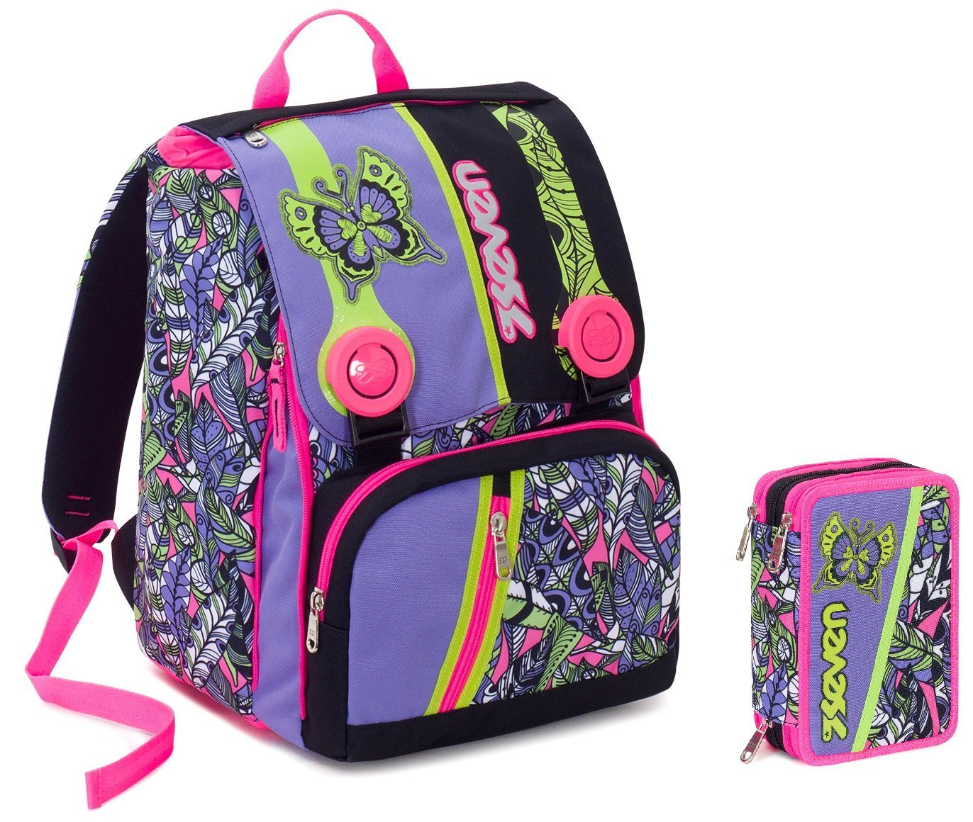 Kit Scuola Zaino + Astuccio - Seven - Estensibile - Viola Nero ...