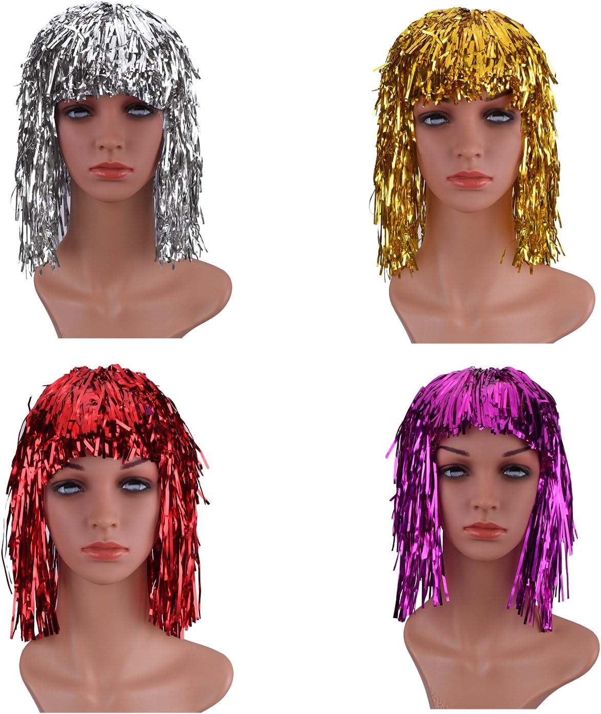 4 Pieces Foil Tinsel Wigs Fancy Dress Shiny Party Wig Metallic Costume ...