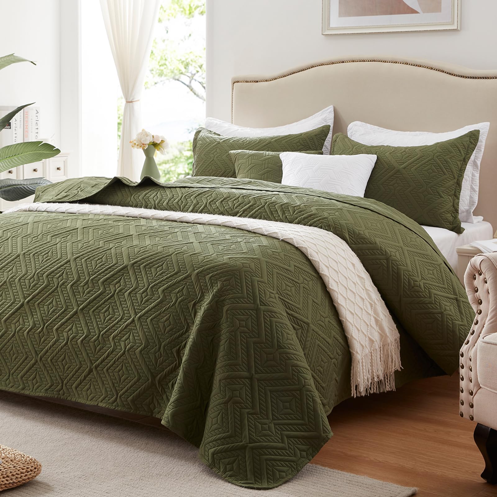 LEAONME Quilt Set King Size 3 Pieces, Lightweight Olive Green Bedspread ...