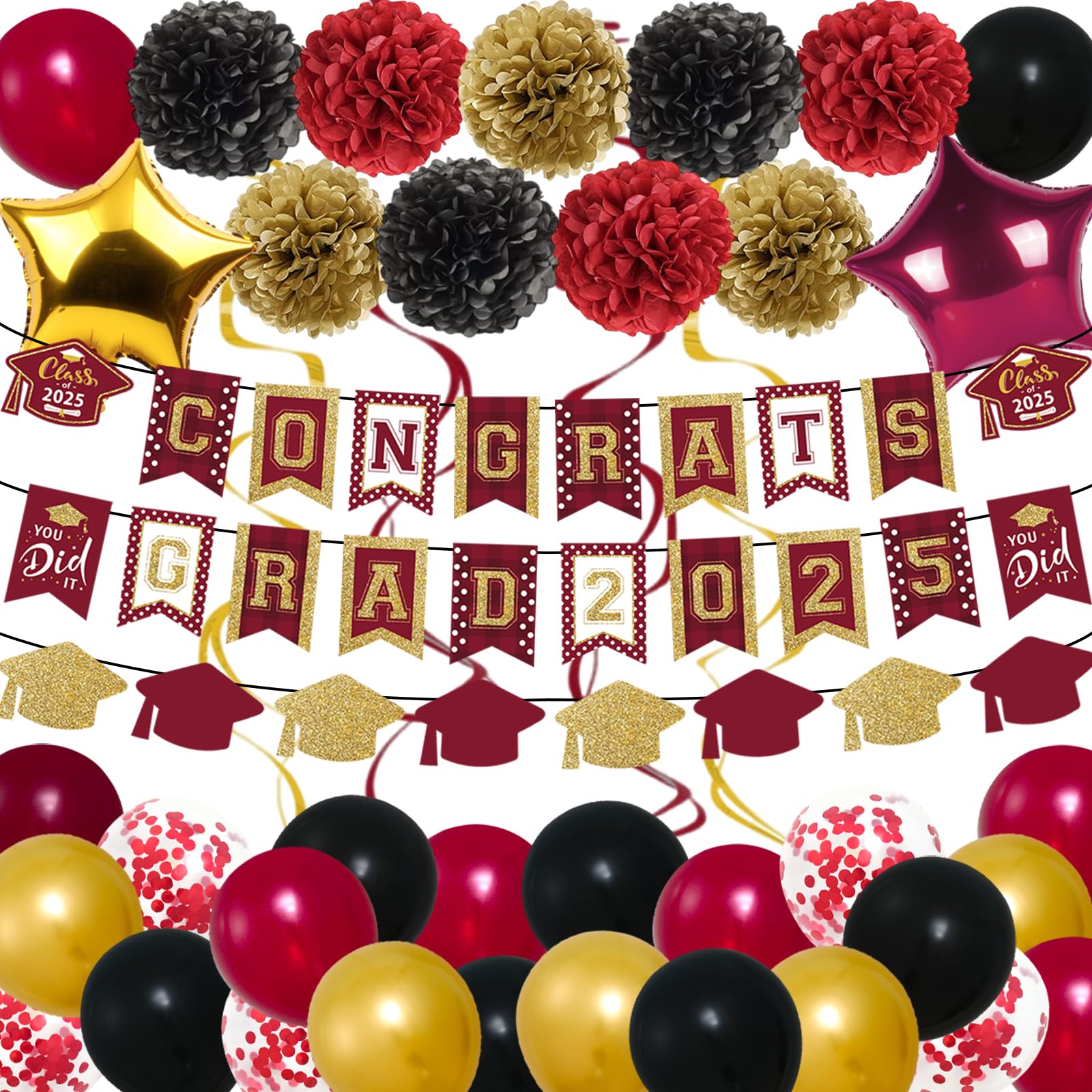 Maroon Gold Graduation Decorations 2025 - Congrats Grad Banners, Paper ...