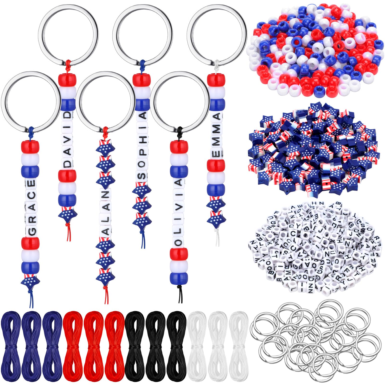 Landical 565 Pcs Patriotic DIY Bead Keychain Kit 4th of July Key Chain ...