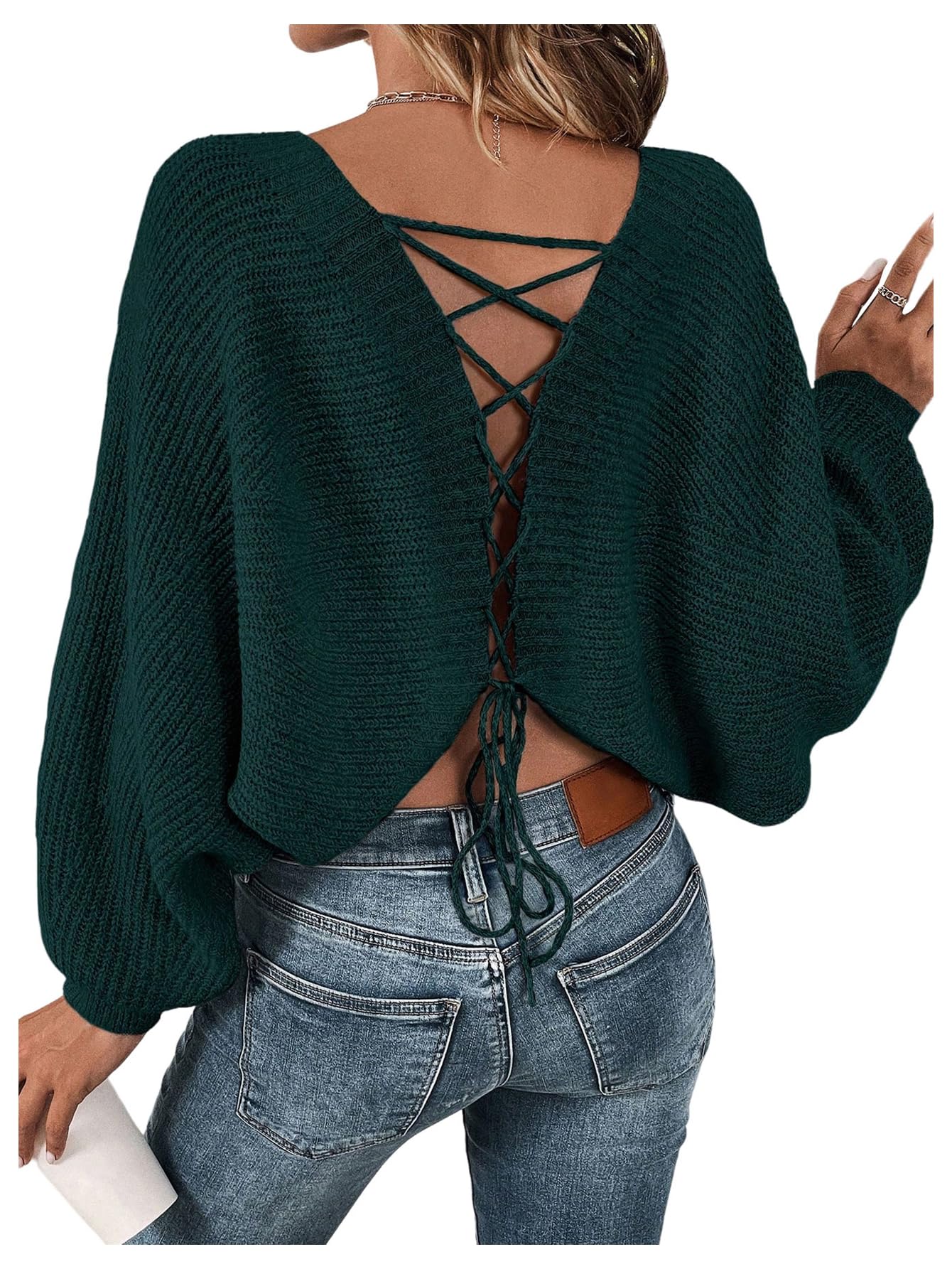 RoseSeek Women's Off Shoulder Lace Up Open Back Sweaters Long Sleeve ...