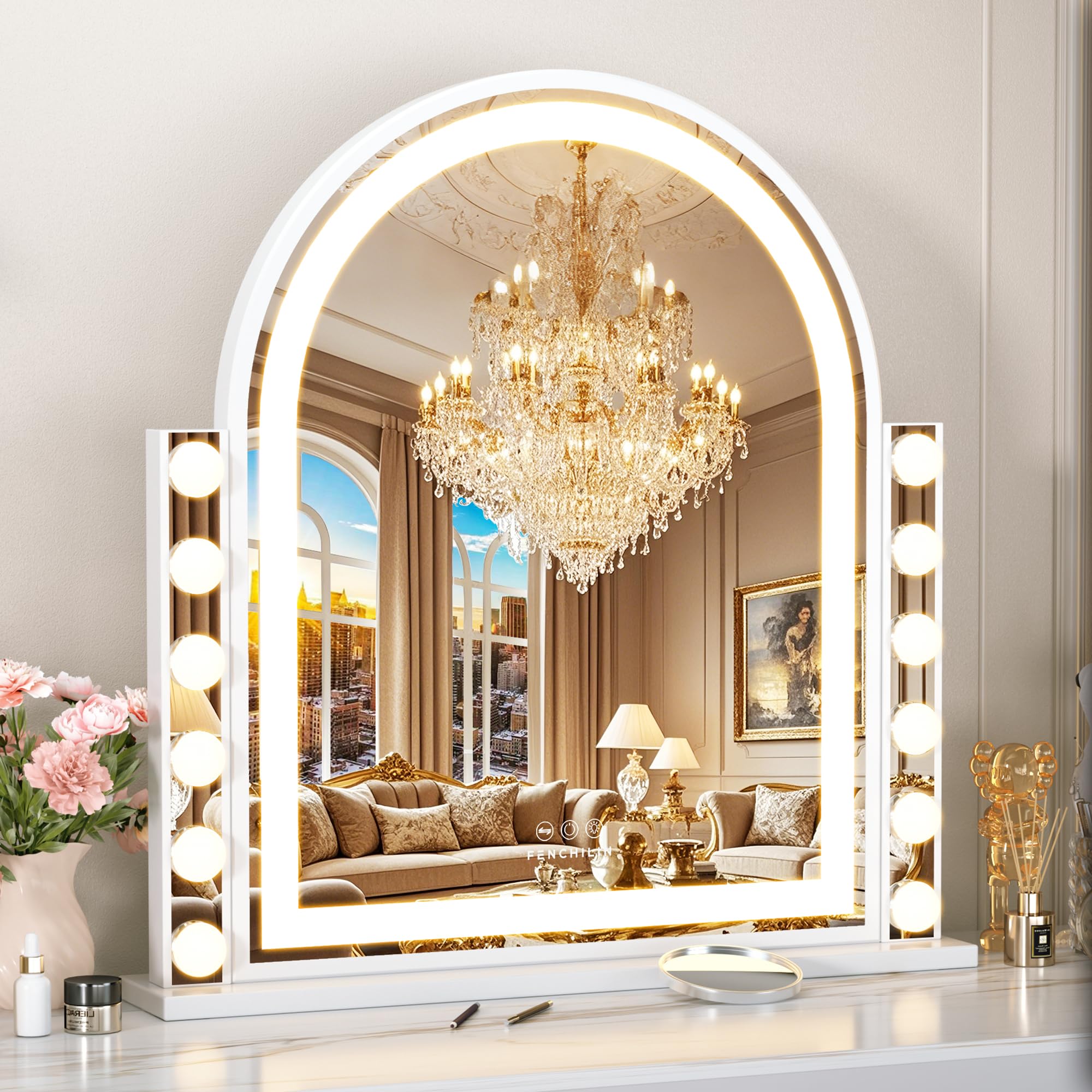 FENCHILIN Arch Vanity Mirror with Light 23.4"x18.1" Arched Makeup Mirror Lighted Hollywood ...