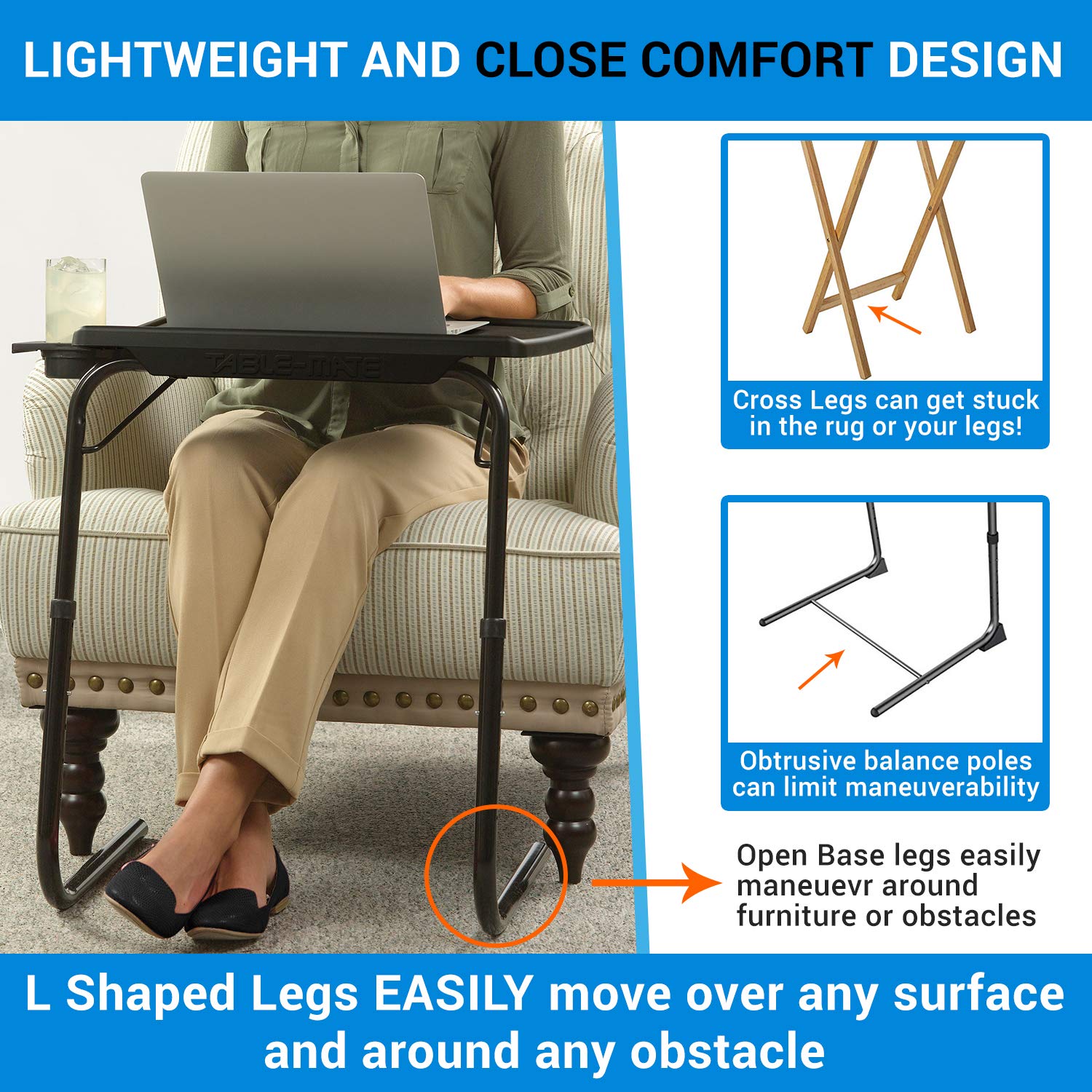 Table Mate II Folding TV Tray Table and Cup Holder with 6 Height and 3 ...