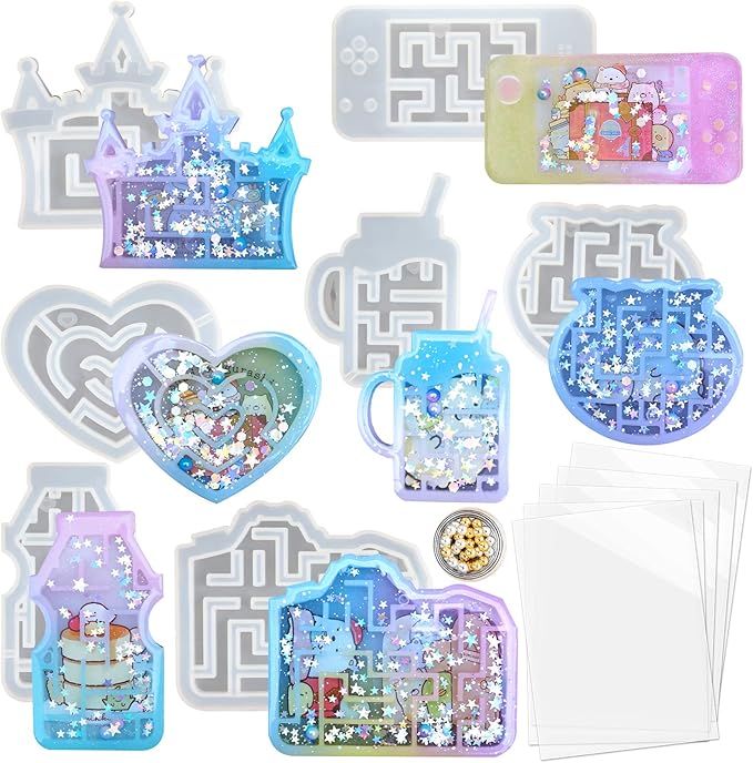 Amazon.co.jp： FUNSHOWCASE レジン型 シェイカーレジン 中身がシャカシャカ動く 遊べる 迷宮型 13点セット ppシート5五枚とビーズ付き: ホビー