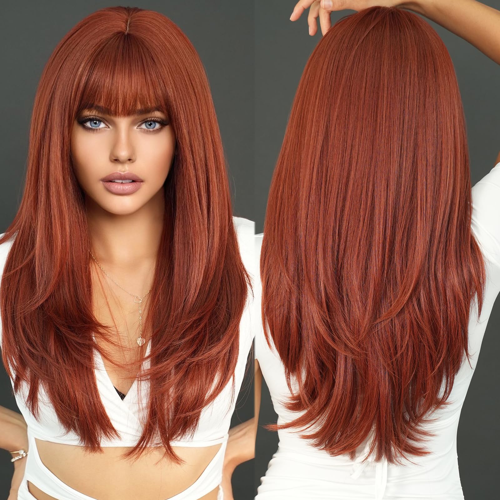 PARK YUN Long Straight Auburn Wig with Bangs 26 Inch Orange Ginger ...