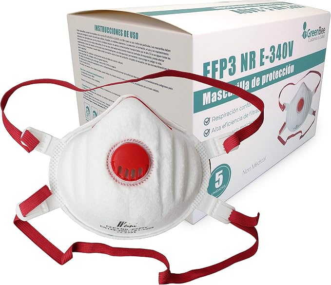 GreenBee Caja de 5 mascarillas de protección FFP3 con válvula y Gomas ...