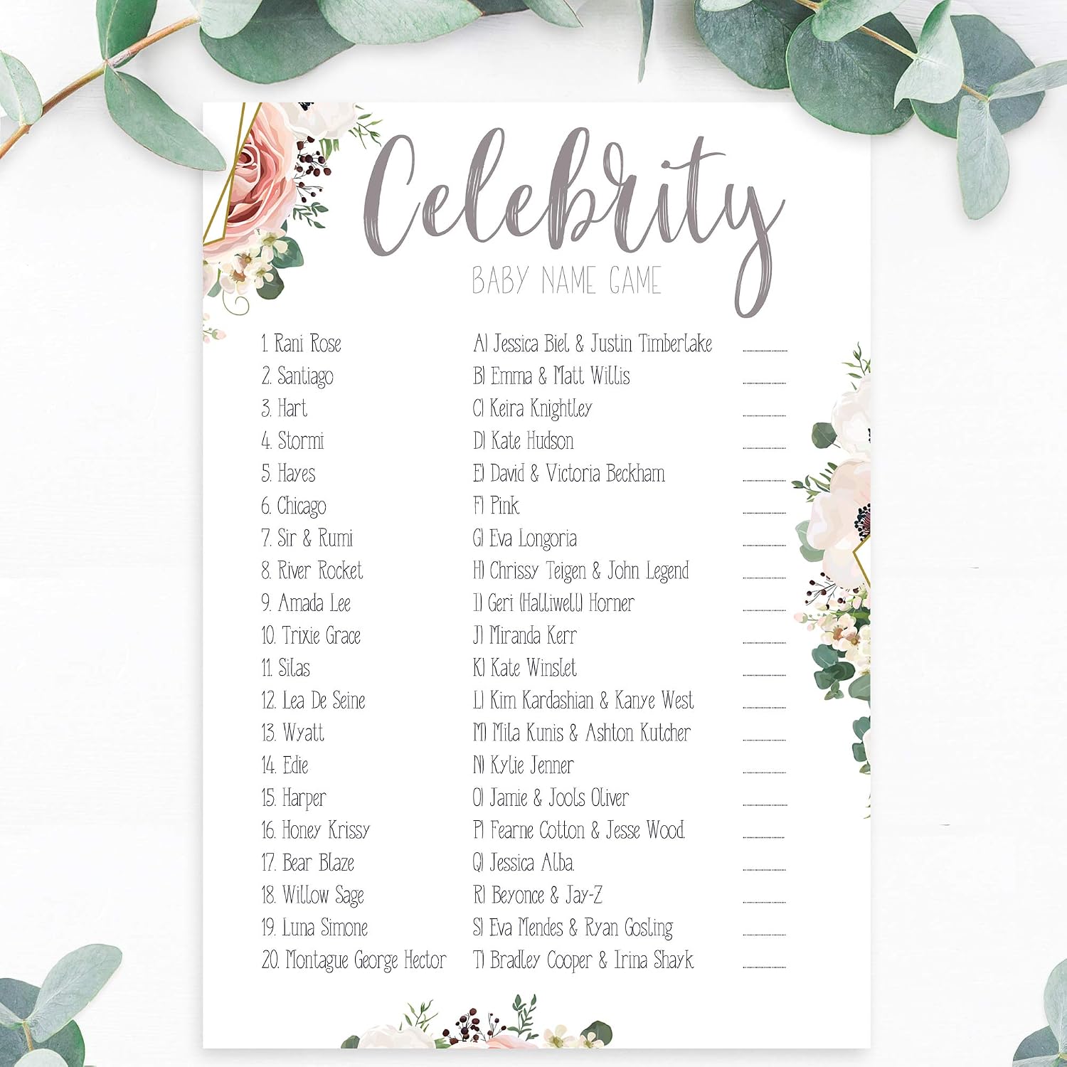 Little Angels Jamboree Baby Shower Games Celebrity Name Game Boho ...