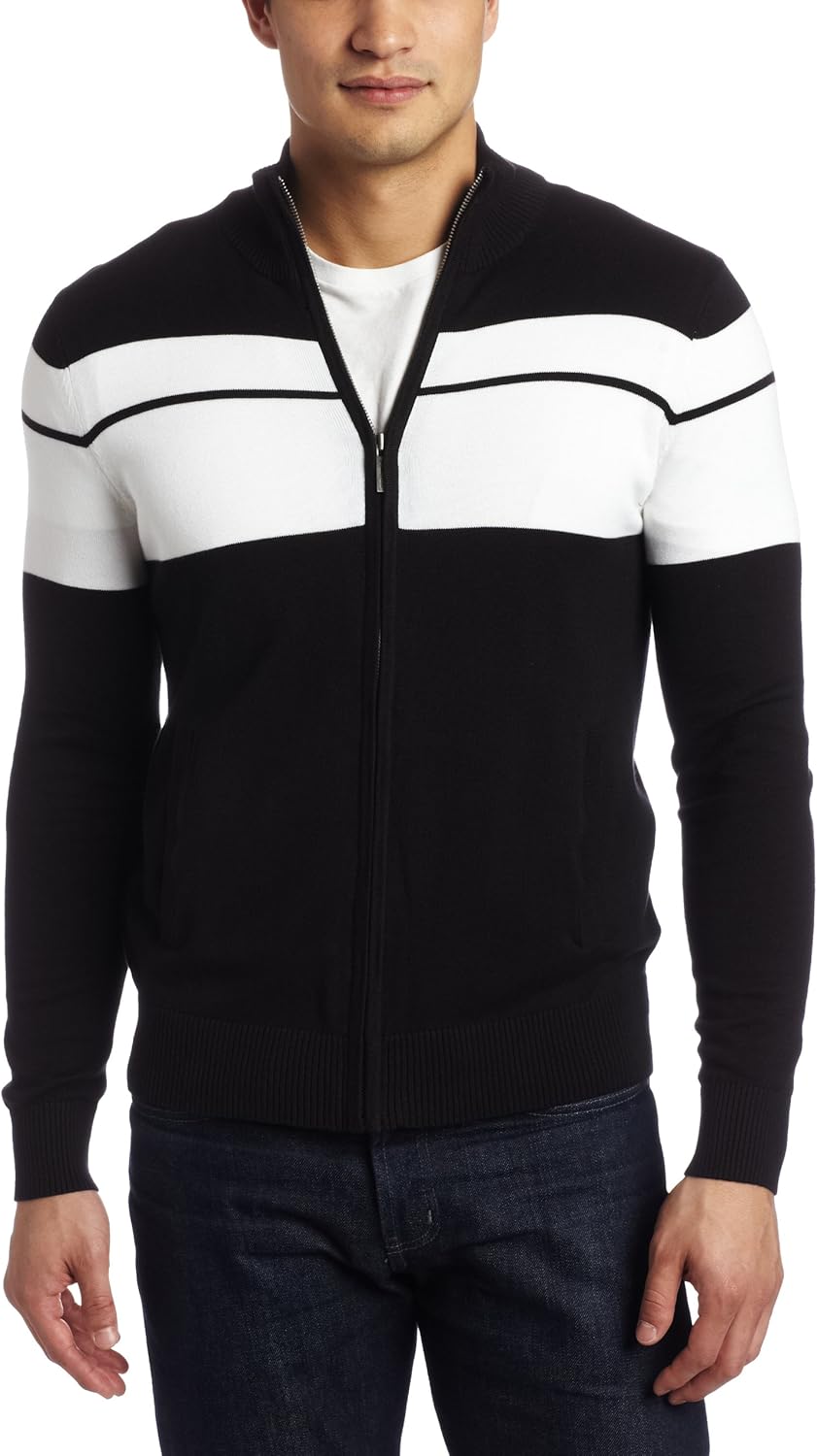 Kenneth Cole New York Men's Full Zip Colorblock Sweater, Black Combo ...