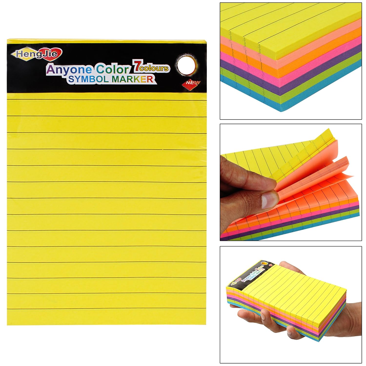 Hengjie Self-Stick Sticky Note Pad, Ruled, Neon Colors, 6 X 4 inch, 100 ...