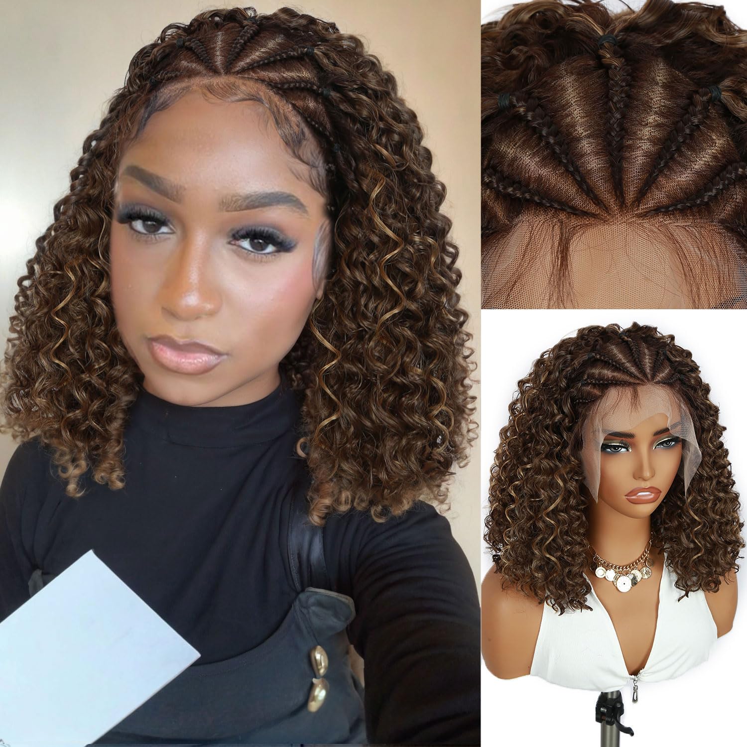 Fancy Hair Braided Wig Cornrow with Curly Hair Wig HD Lace Front Wig ...