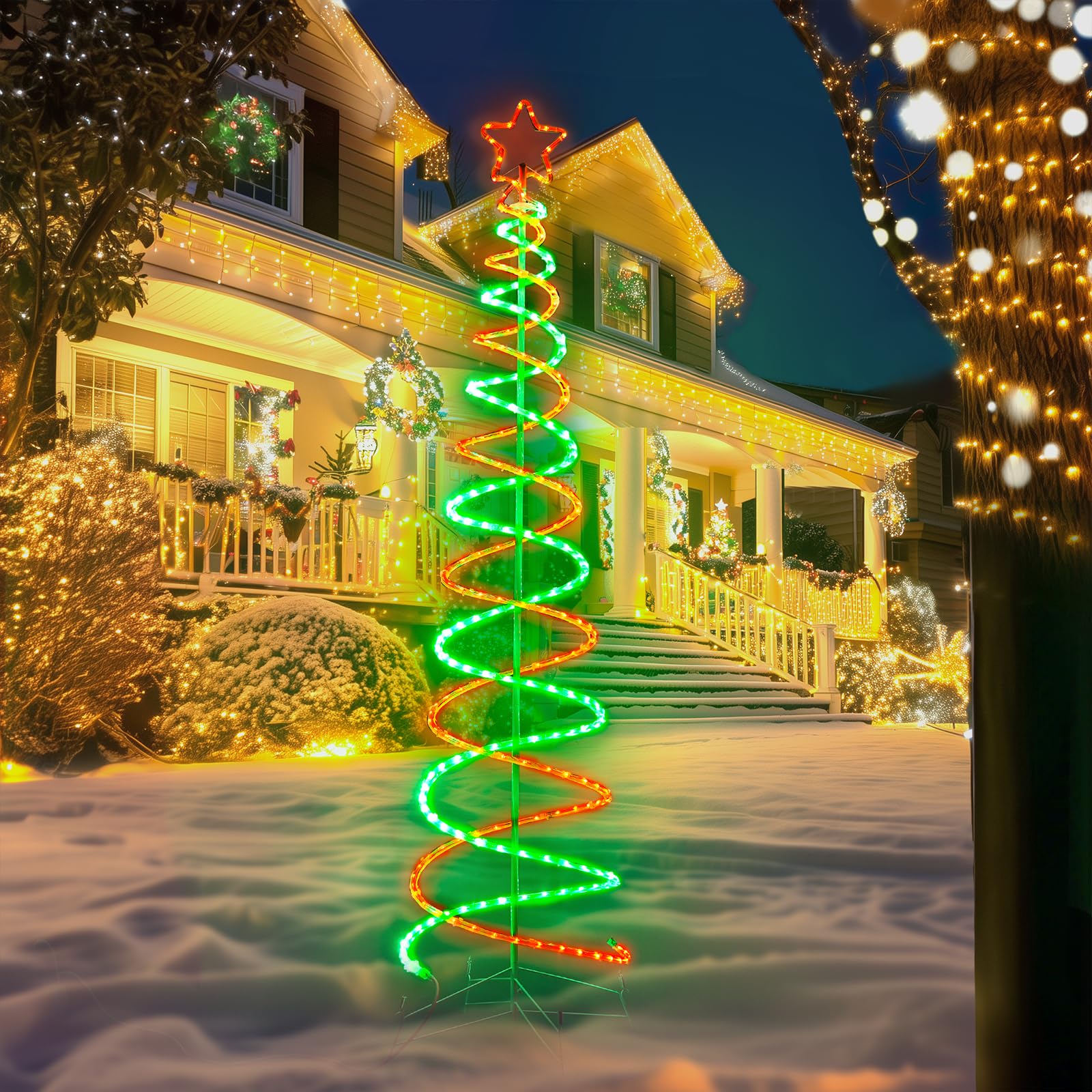 LED Christmas Tree 7ft, Green Red Double Spiral Tree Light Christmas ...
